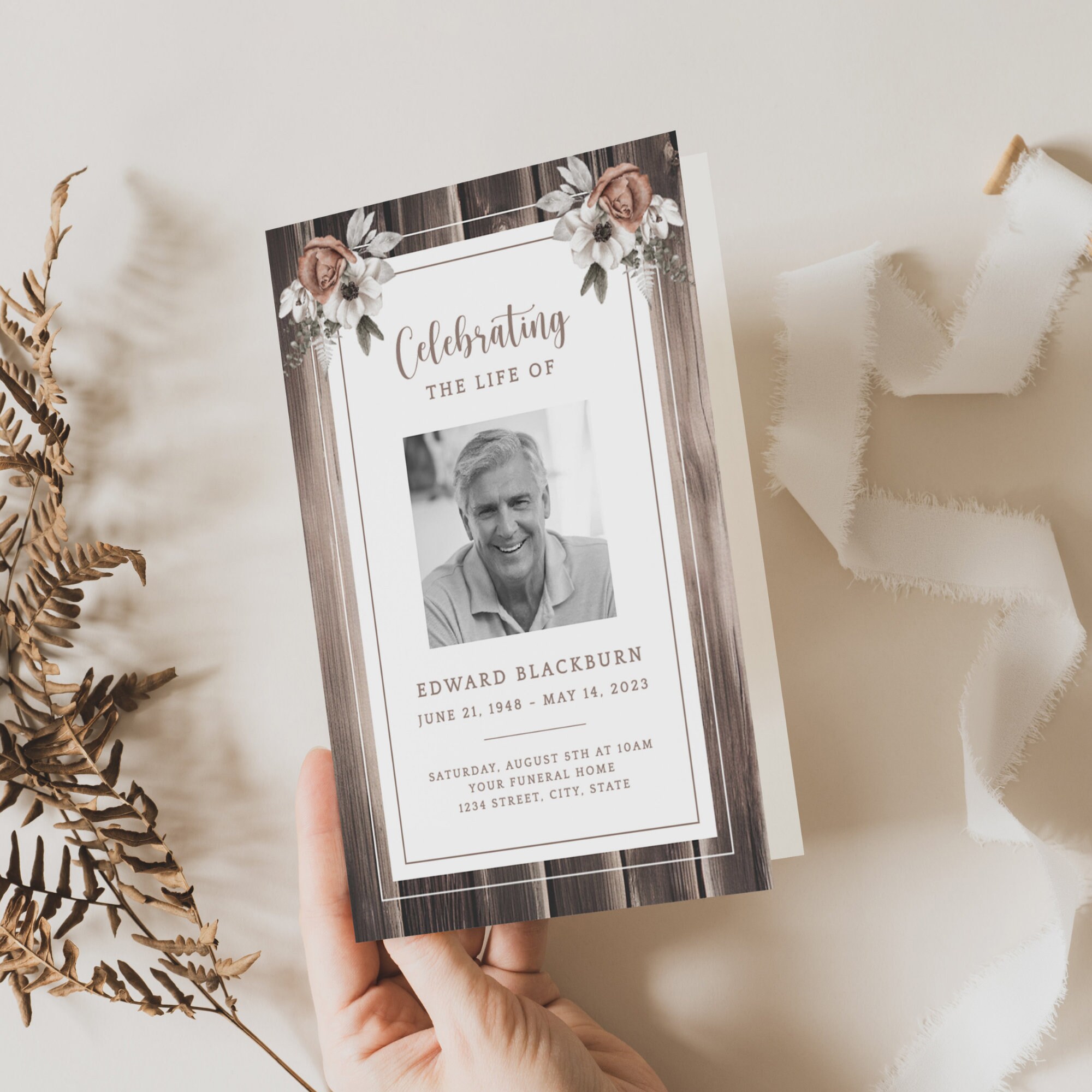 Rustic Funeral Program Template, Masculine Order of Service, Obituary ...