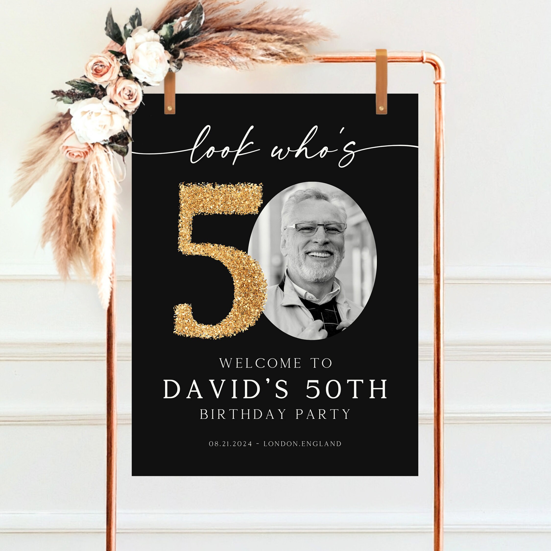Gold 50th Birthday Celebration Poster for Male, Look Who's Fifty, Black ...