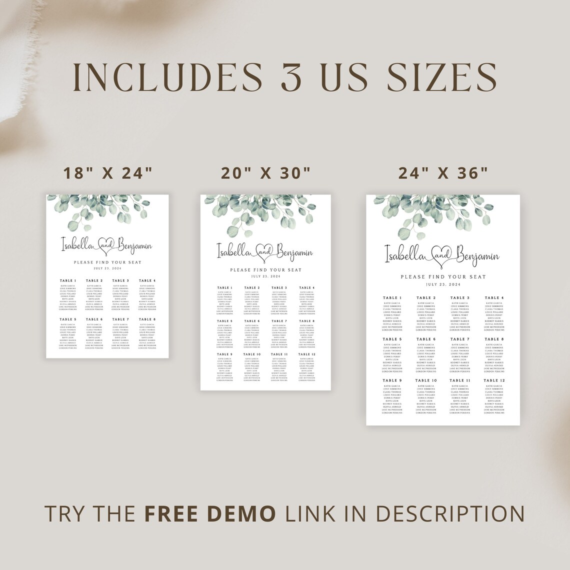 Greenery Seating Chart Template, Eucalyptus Wedding Seating Poster ...