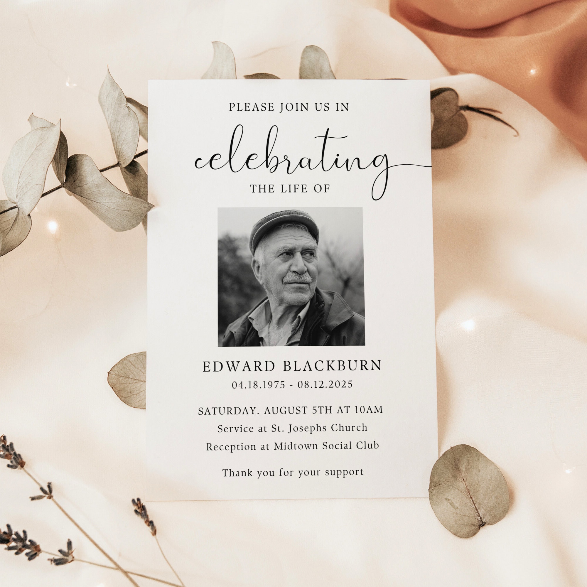 Minimal Funeral Invitation Card, Editable Memorial Announcement ...