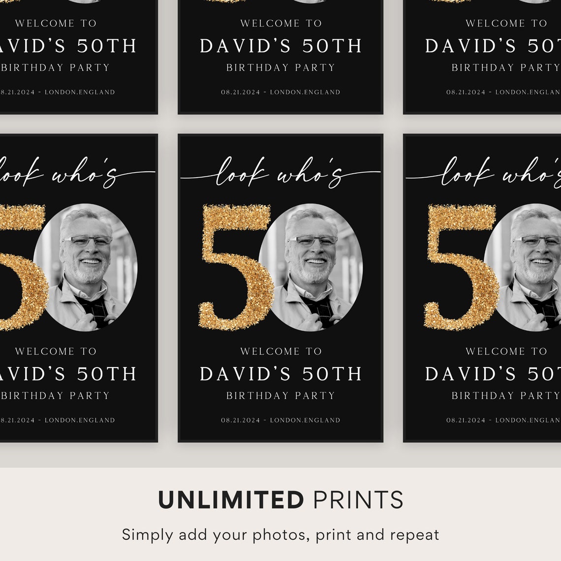 Gold 50th Birthday Celebration Poster for Male, Look Who's Fifty, Black ...