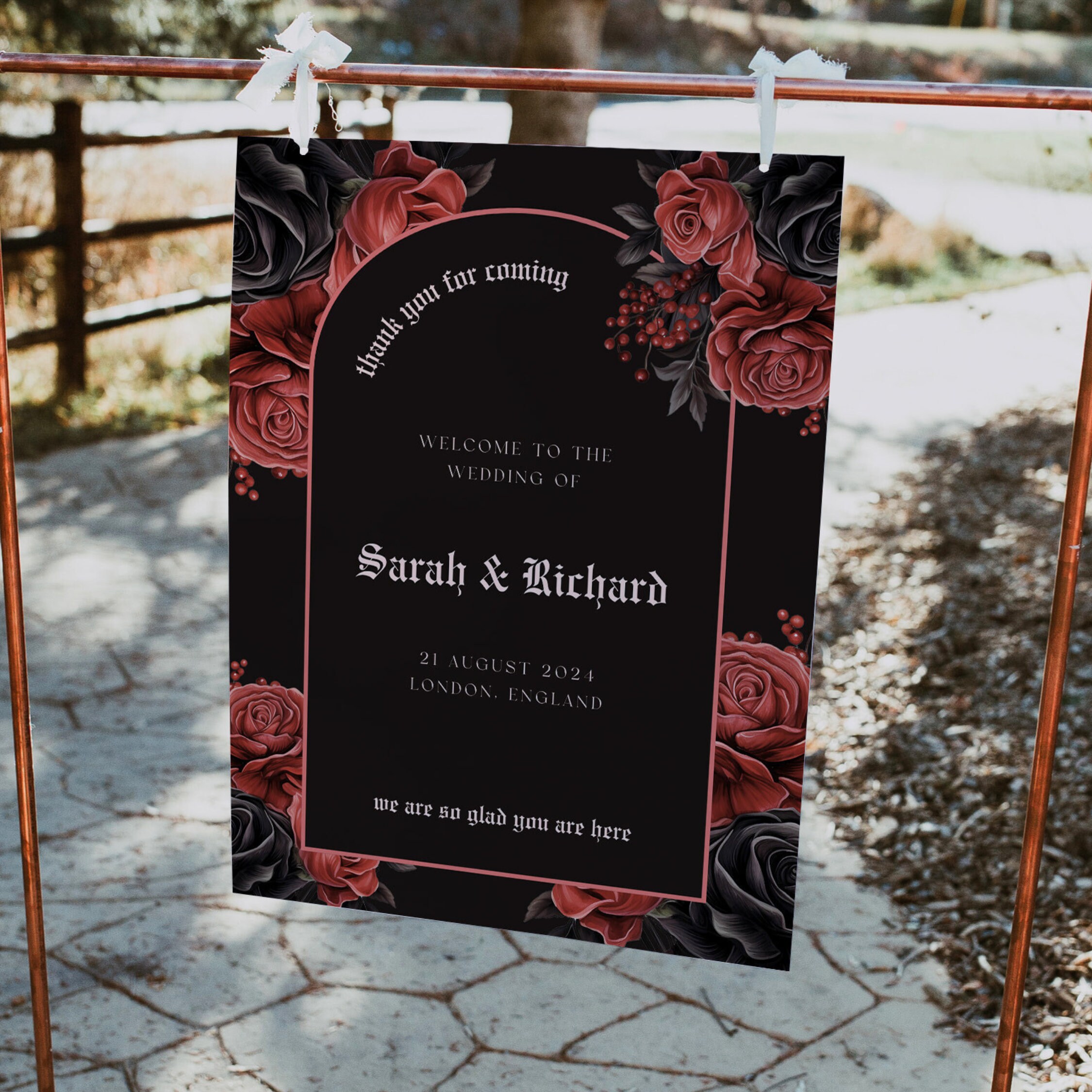 Gothic Wedding Welcome Sign, Halloween Reception Signage, Red Roses ...