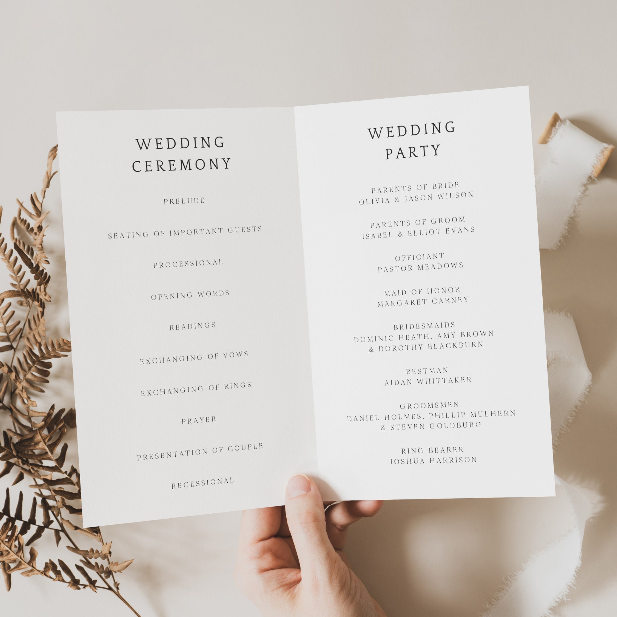 Modern Wedding Programs, Minimalist Program Template, Order of Service ...
