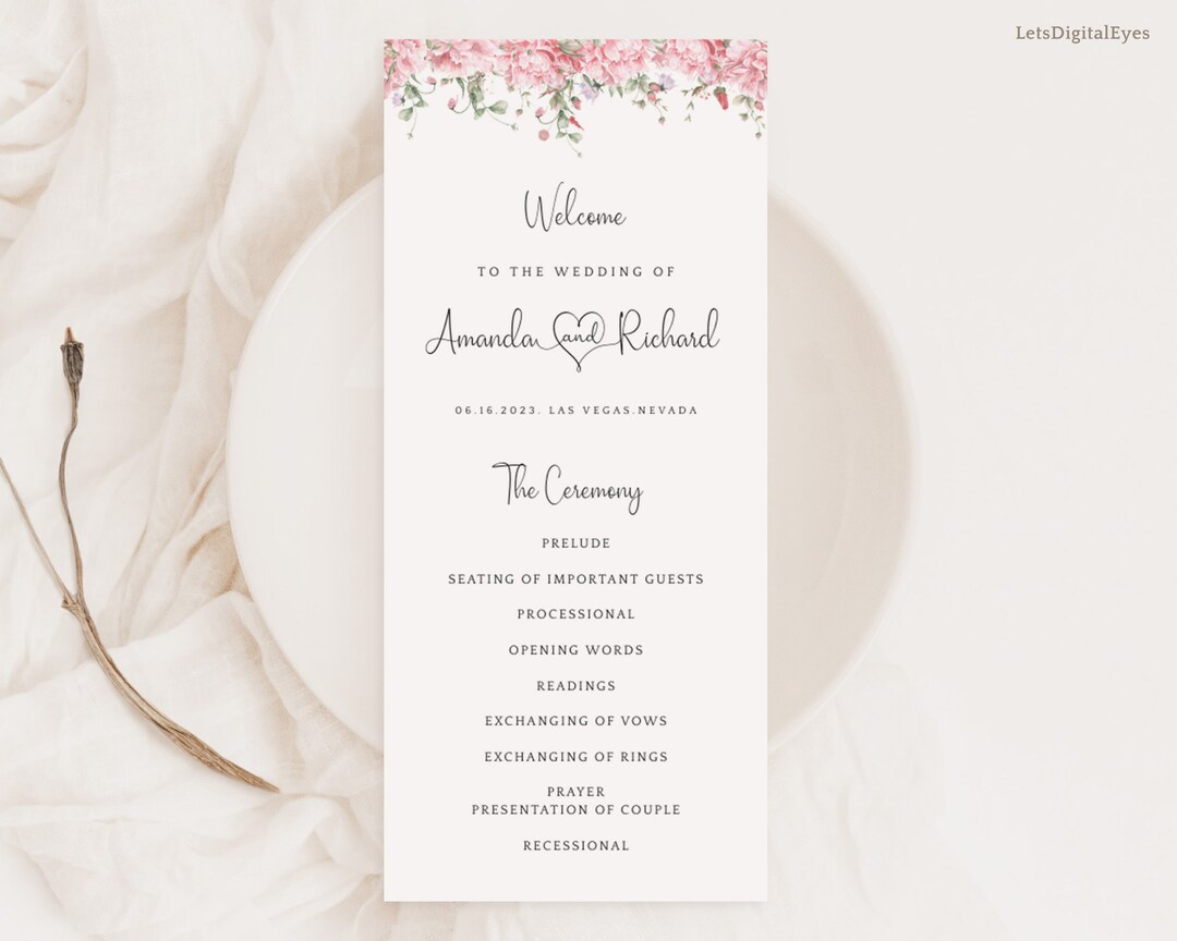 Double Sided Wedding Program Template Flowery Order of - Etsy
