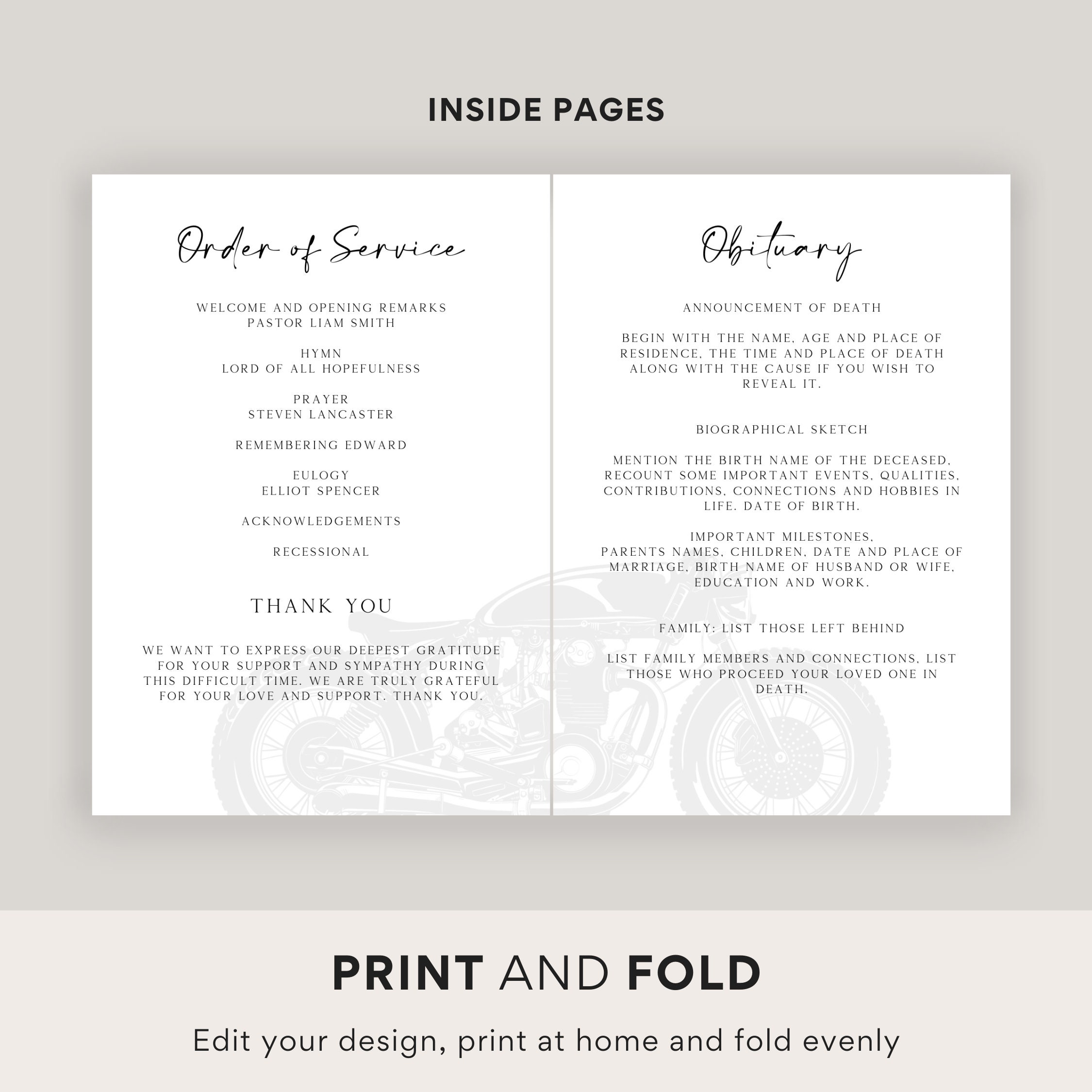 Motorcycle Funeral Program Template for Man, Folded Celebration of Life ...