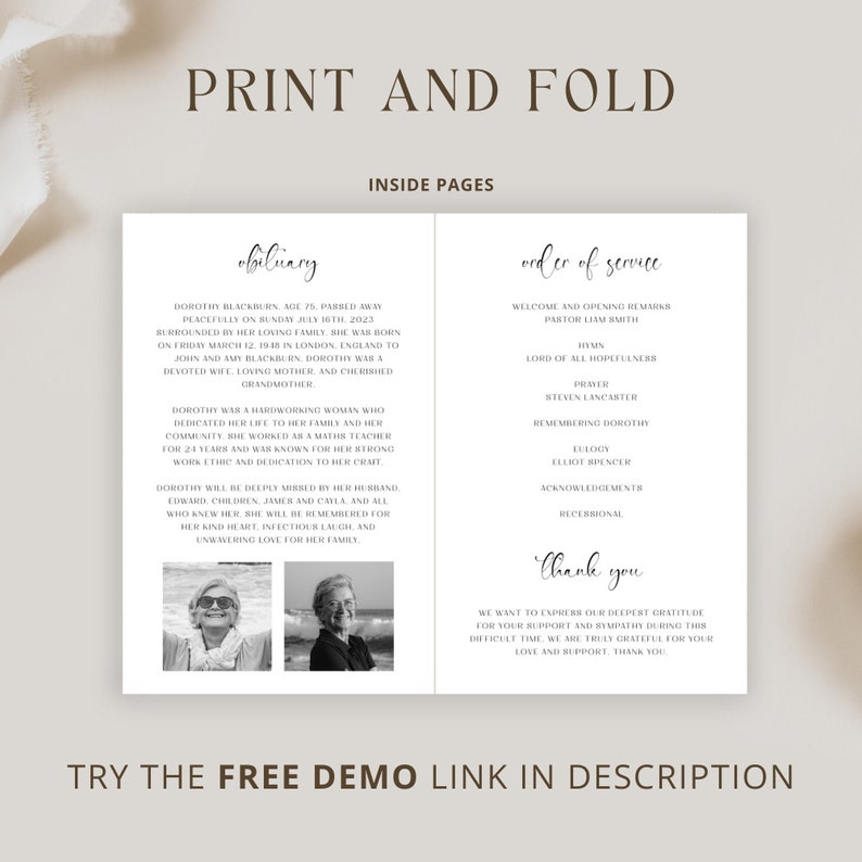 Minimal Funeral Program Template, Simple Obituary Template for Funeral ...