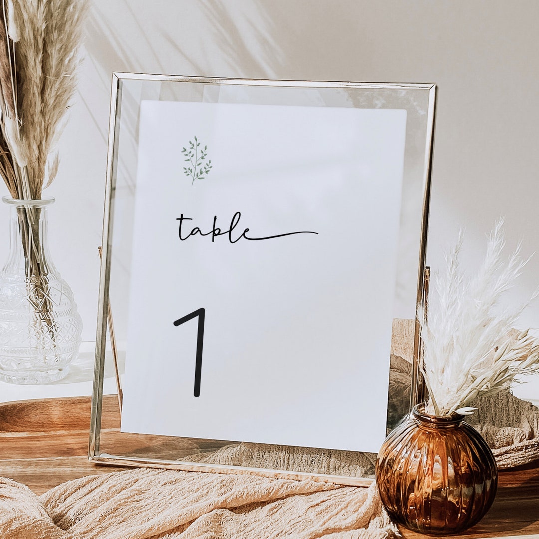 Greenery Wedding Table Number Signs, Minimal Signage for Tabletop ...