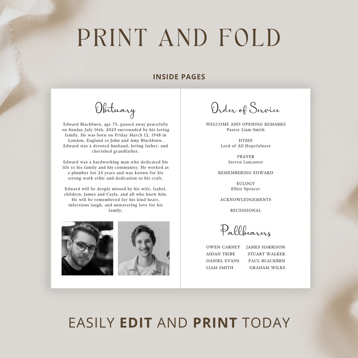 Minimalist Funeral Program Template, Memorial Booklet, Simple Obituary ...