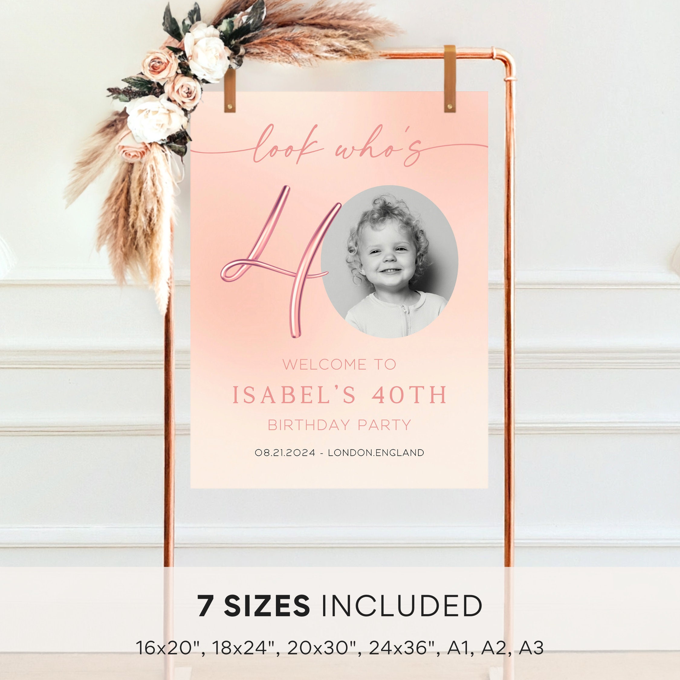 40th Birthday Welcome Sign for Woman, Female Photo Board, Rose Gold ...
