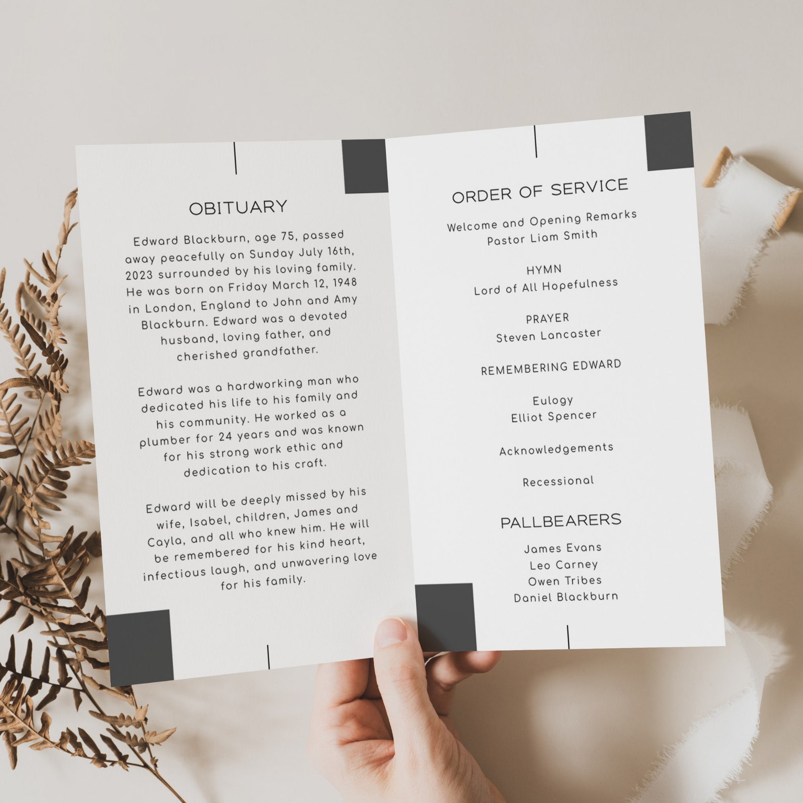 Funeral Program Template for Man With Photo, Masculine Order of Service ...
