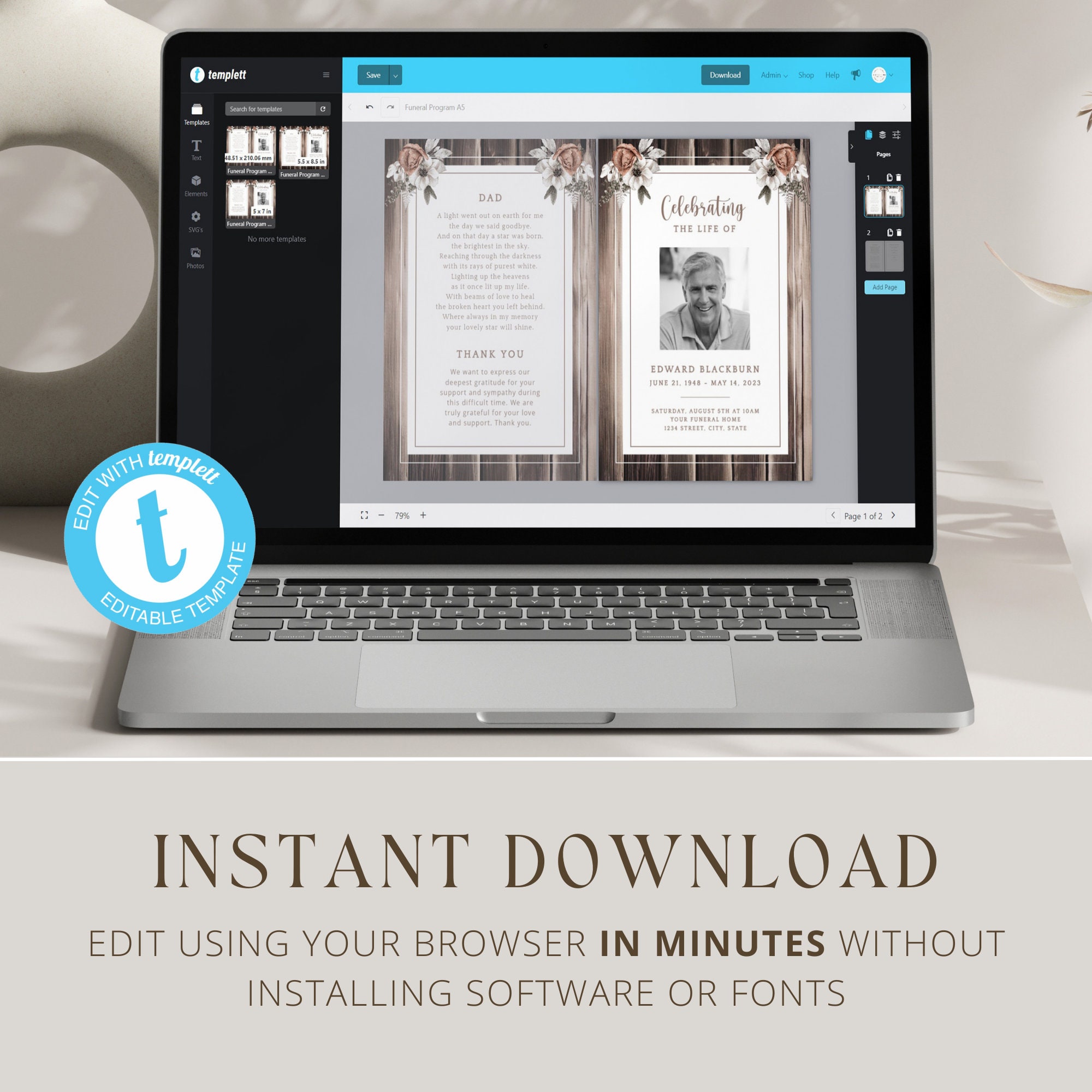 Rustic Funeral Program Template, Masculine Order of Service, Obituary ...