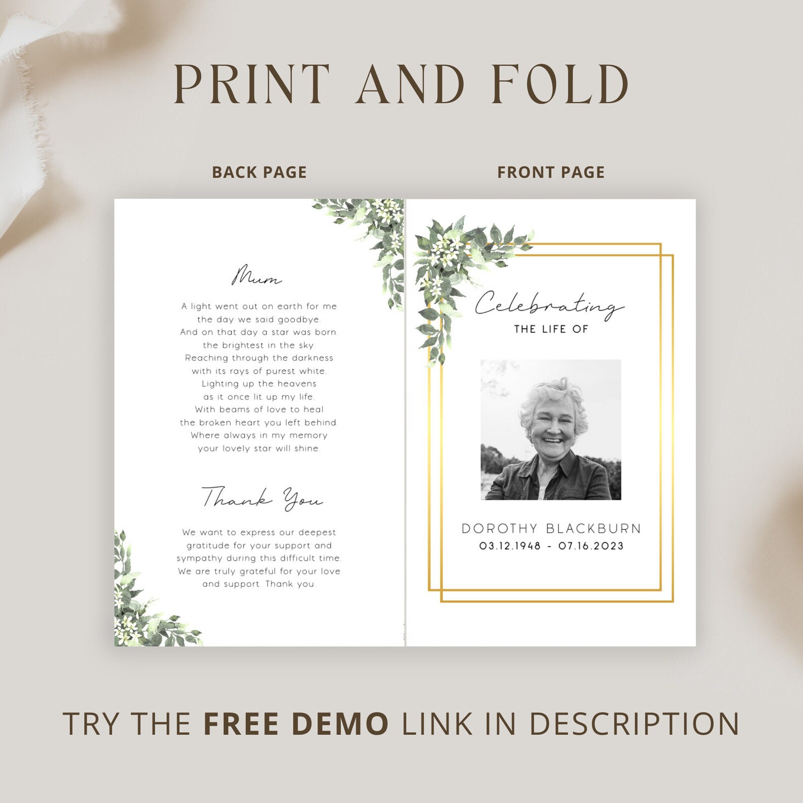 Greenery Funeral Program Template, Floral Memorial Service Booklet ...