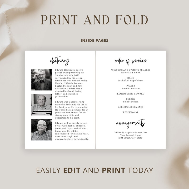 Minimalist Funeral Program Template for Man, Personalized Booklet ...