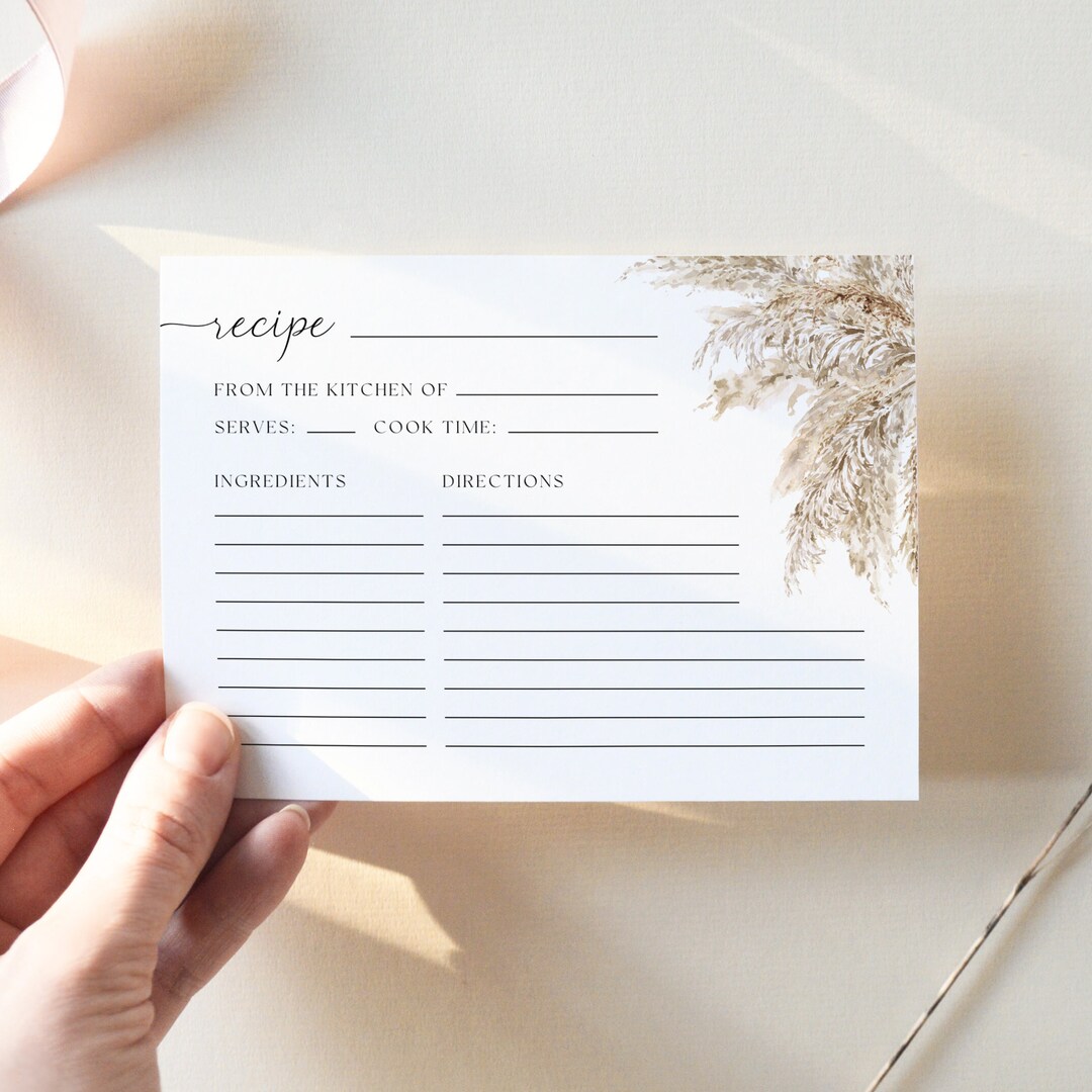 Pampas Grass Recipe Cards Template, Handwritten Bridal Shower Insert ...