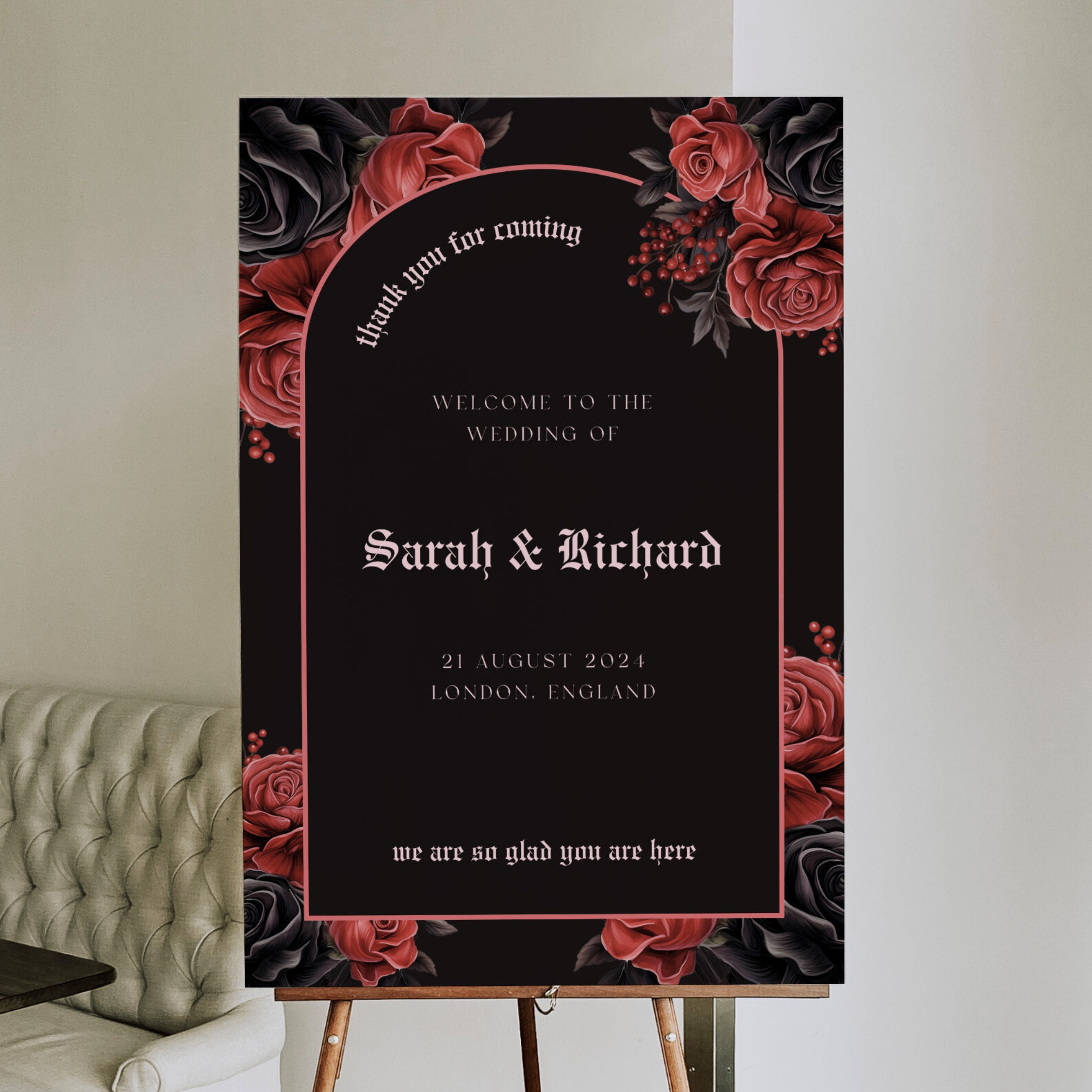 Gothic Wedding Welcome Sign, Halloween Reception Signage, Red Roses ...