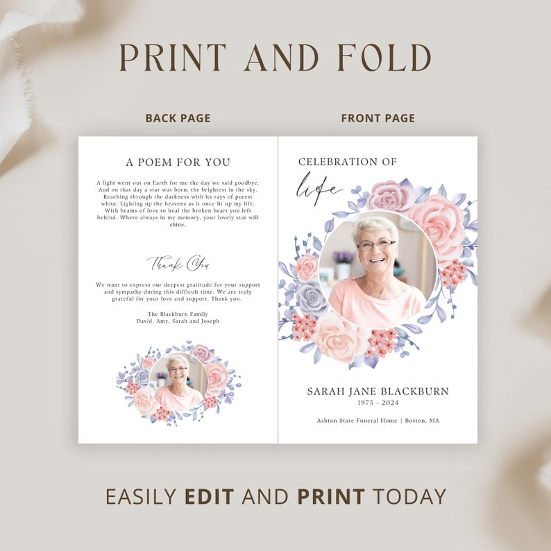 Blush Obituary Template for Woman, Floral Funeral Program, Roses ...
