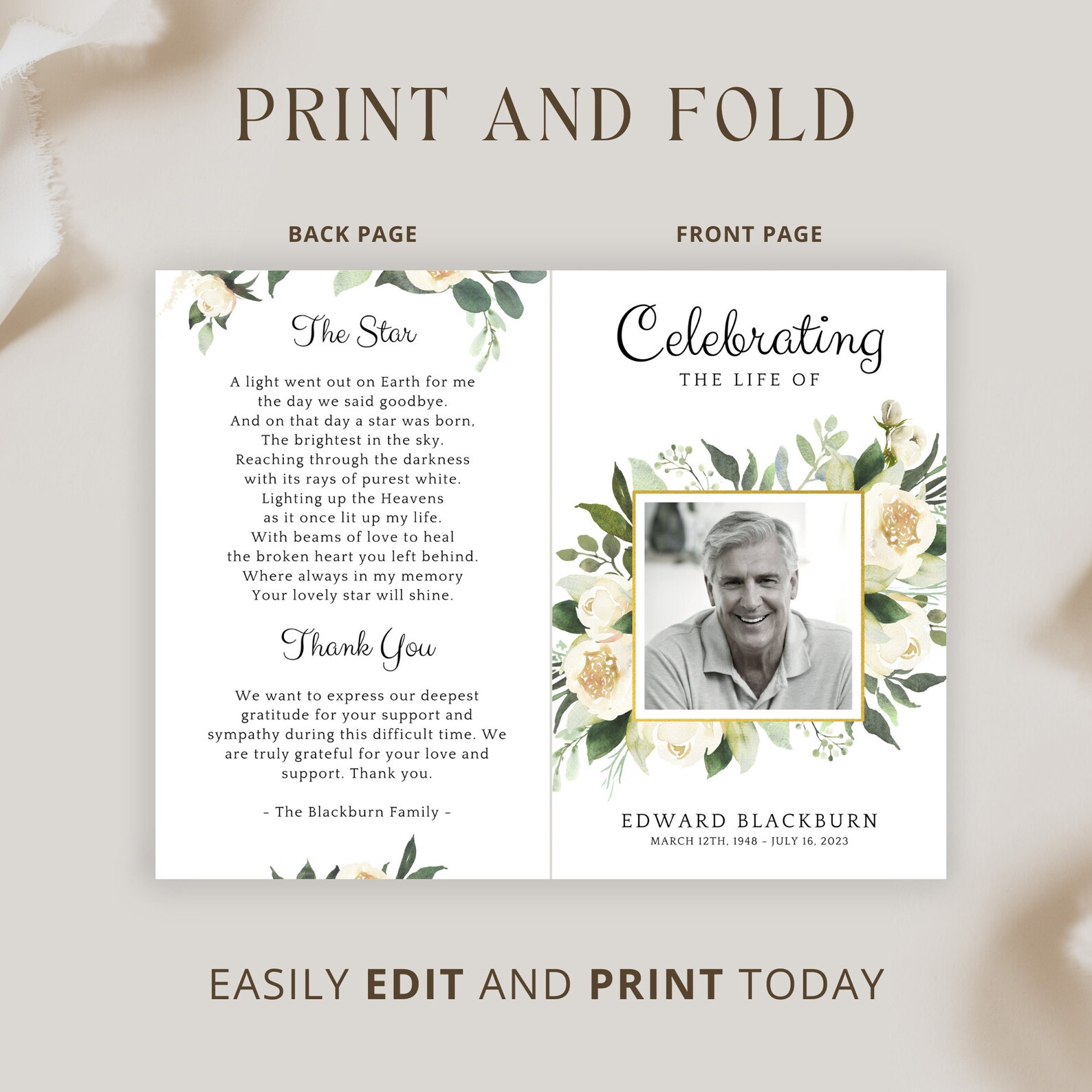 Floral Funeral Program Template for Man Order of Service Booklet ...