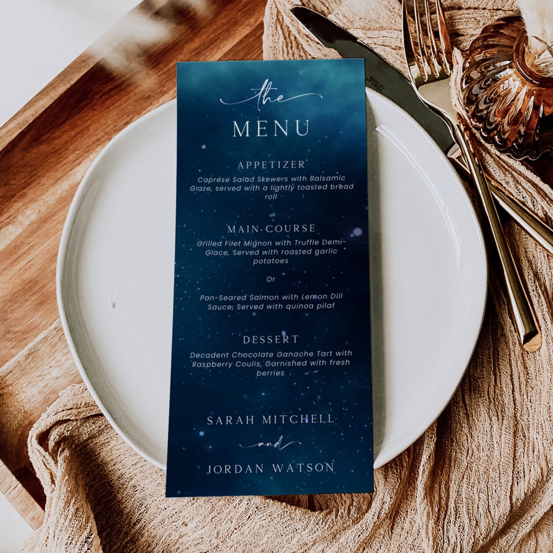 Starry Night Wedding Menu Template, Blue Celestial Dinner List ...