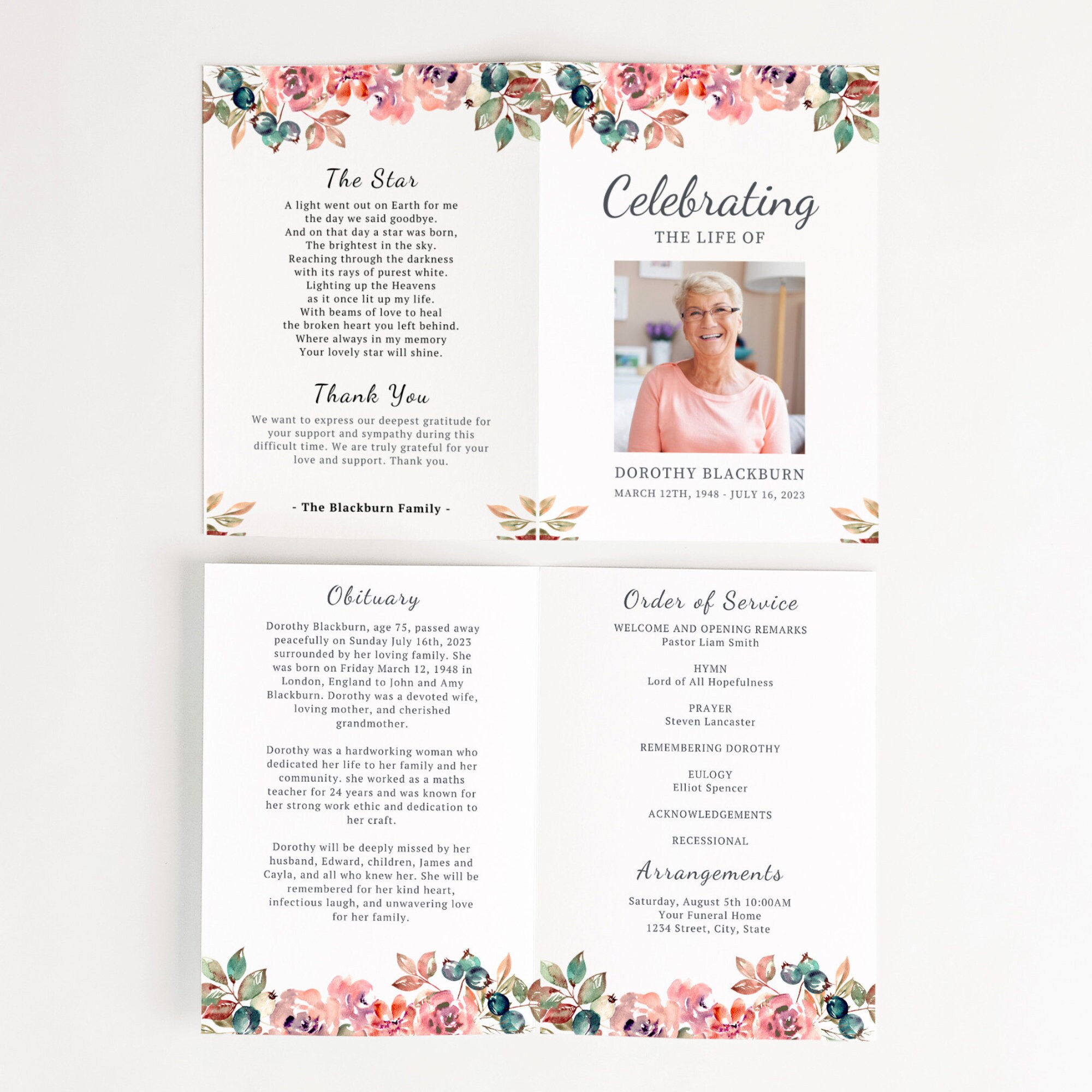 Floral Funeral Program for Woman, Greenery Template, Order of Service ...