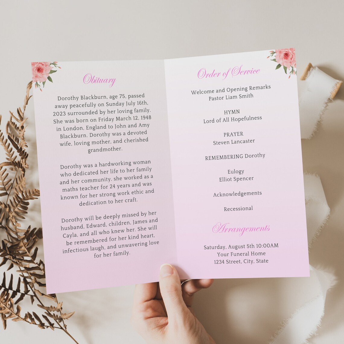 Pink Funeral Program Template for Woman, Memorial Program, Obituary ...