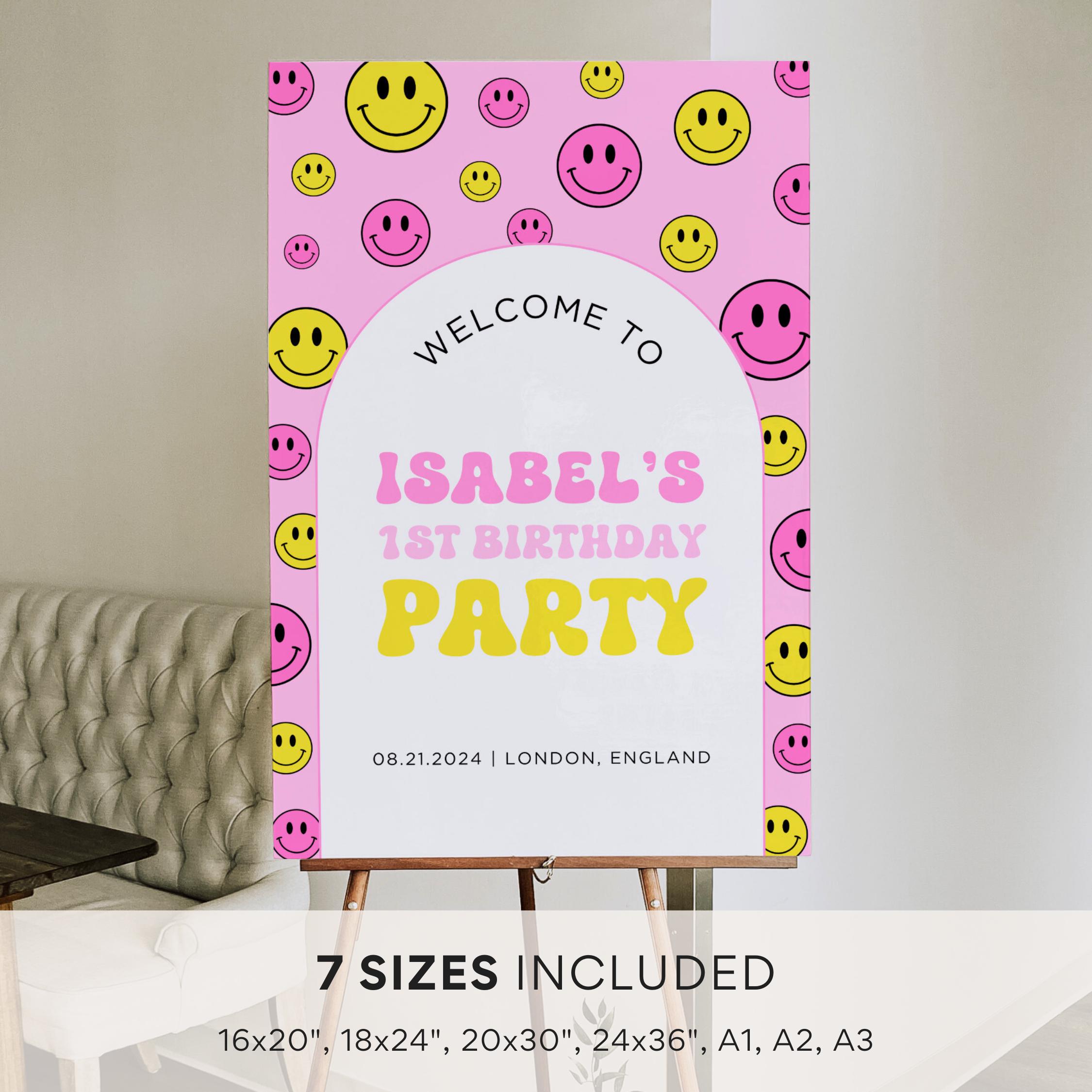 Pastel Pink Birthday Poster, Smiley Face Welcome Sign Template ...
