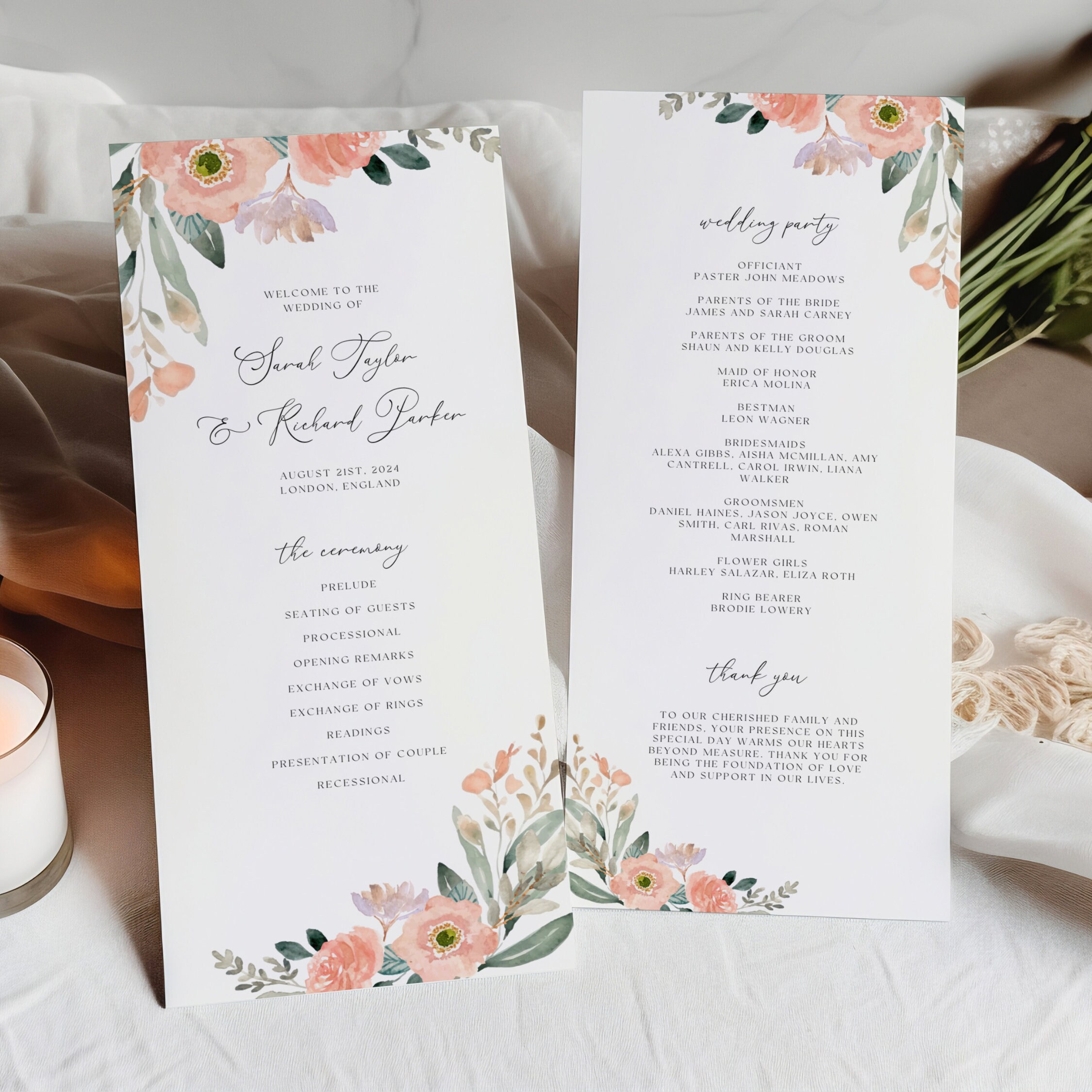 Floral Wedding Program Template, Order of Service, Baby Pink Ceremony ...