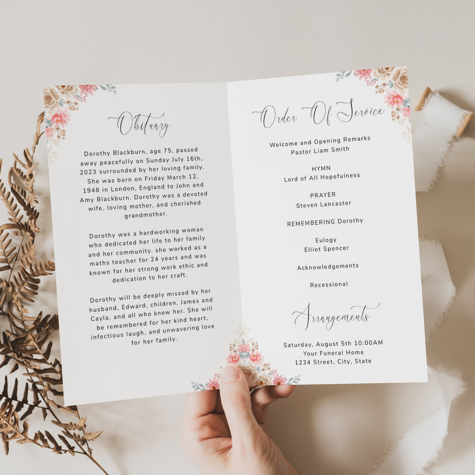 Editable Funeral Program Template, Floral Memorial Program, DIY ...