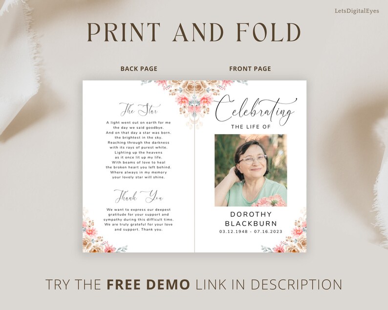 Editable Funeral Program Template Floral Memorial Program - Etsy