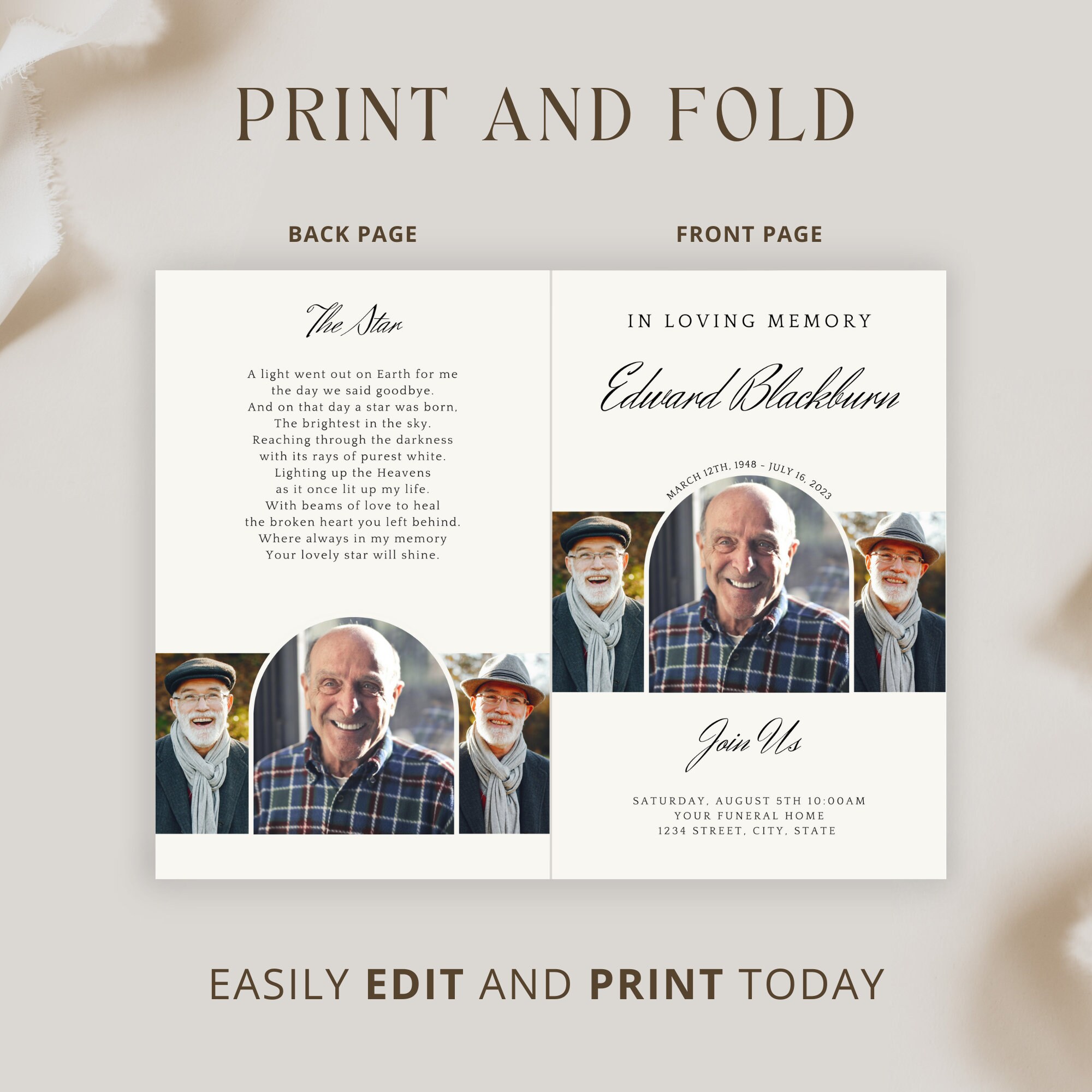 Minimal Funeral Program Template for Man, Personalized Memorial Program ...