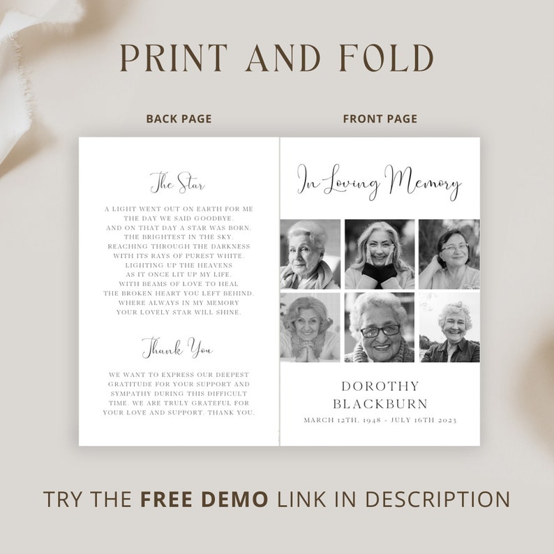 Minimal Funeral Program Template for Woman, Modern Obituary Template ...