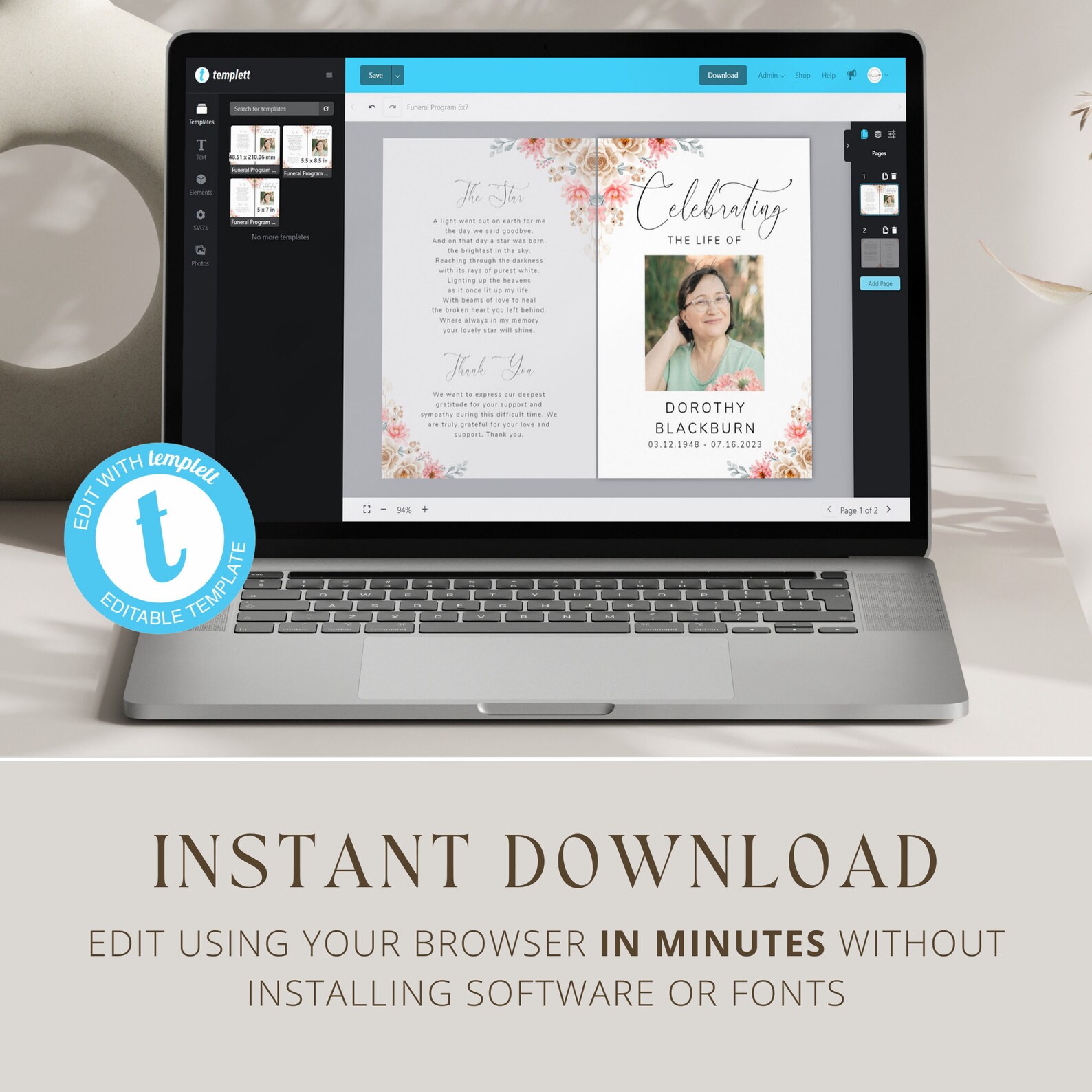 Editable Funeral Program Template, Floral Memorial Program, DIY ...