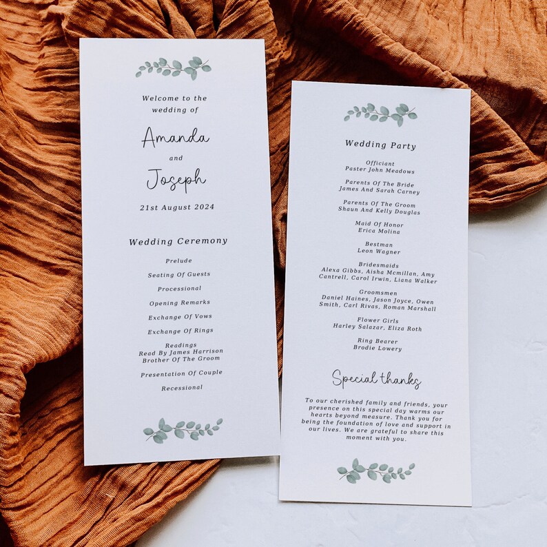 Greenery Wedding Program Template, Eucalyptus Ceremony Cards, Order of Service, Editable ...