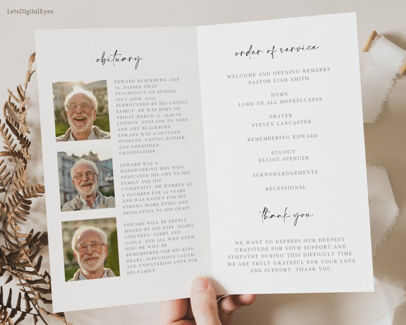 Funeral Program Template Minimal Obituary Template Editable - Etsy