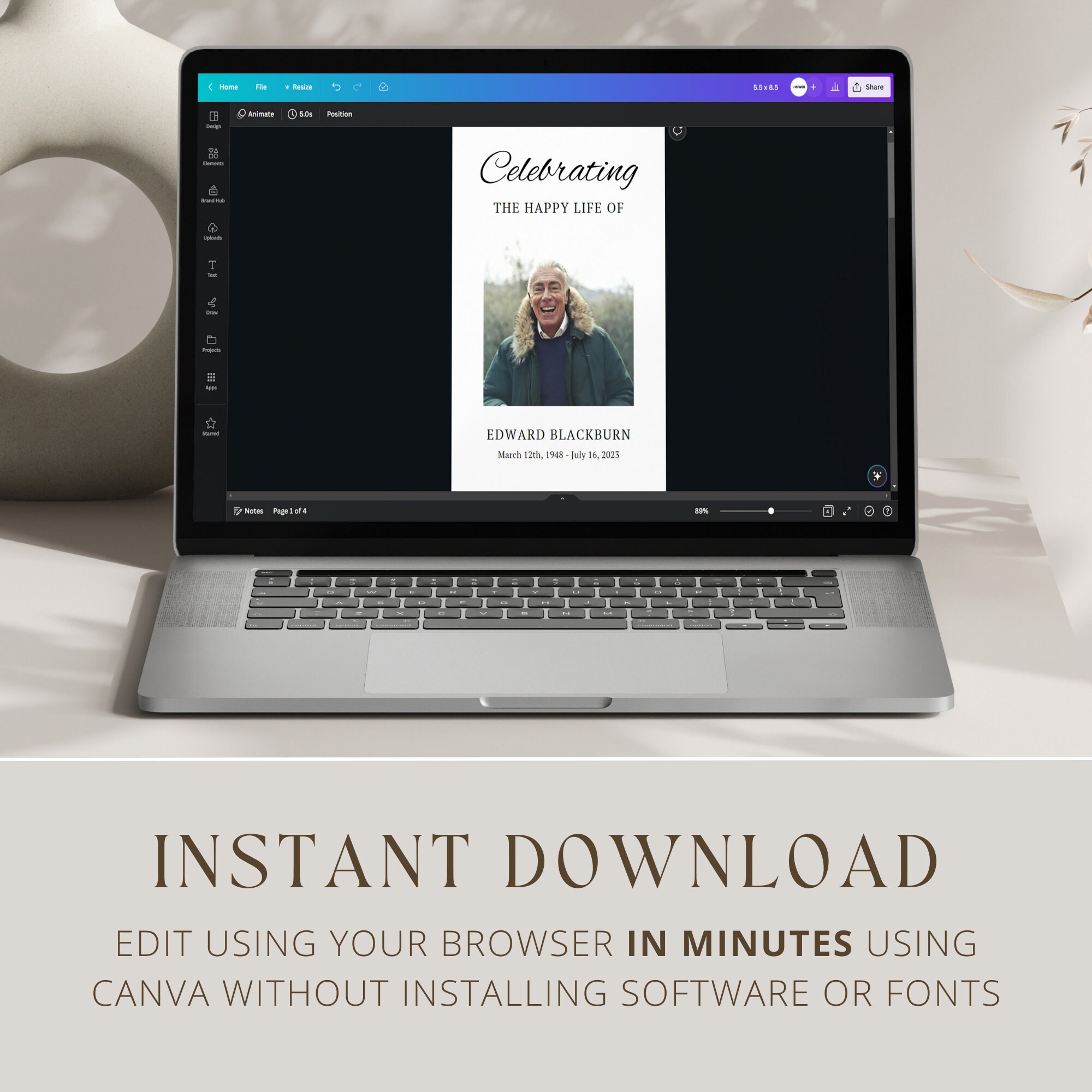 Minimalist Funeral Program, Modern Memorial Program Template, Editable ...