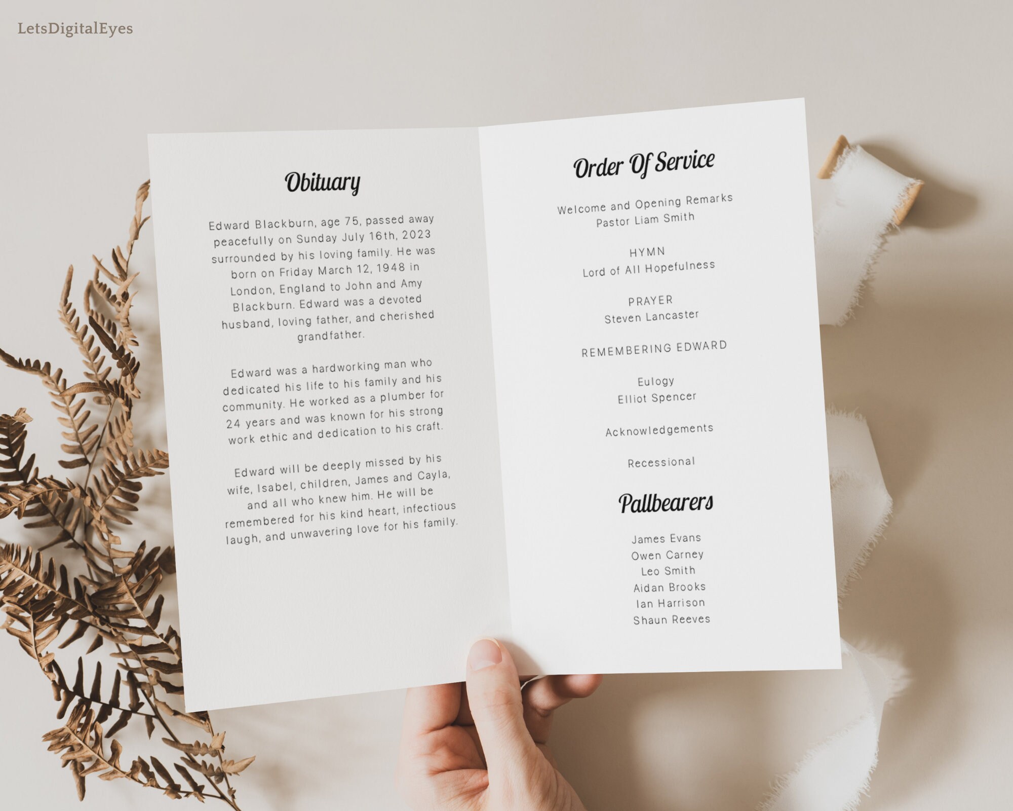 Basic Funeral Program Template Simple Memorial Service - Etsy UK