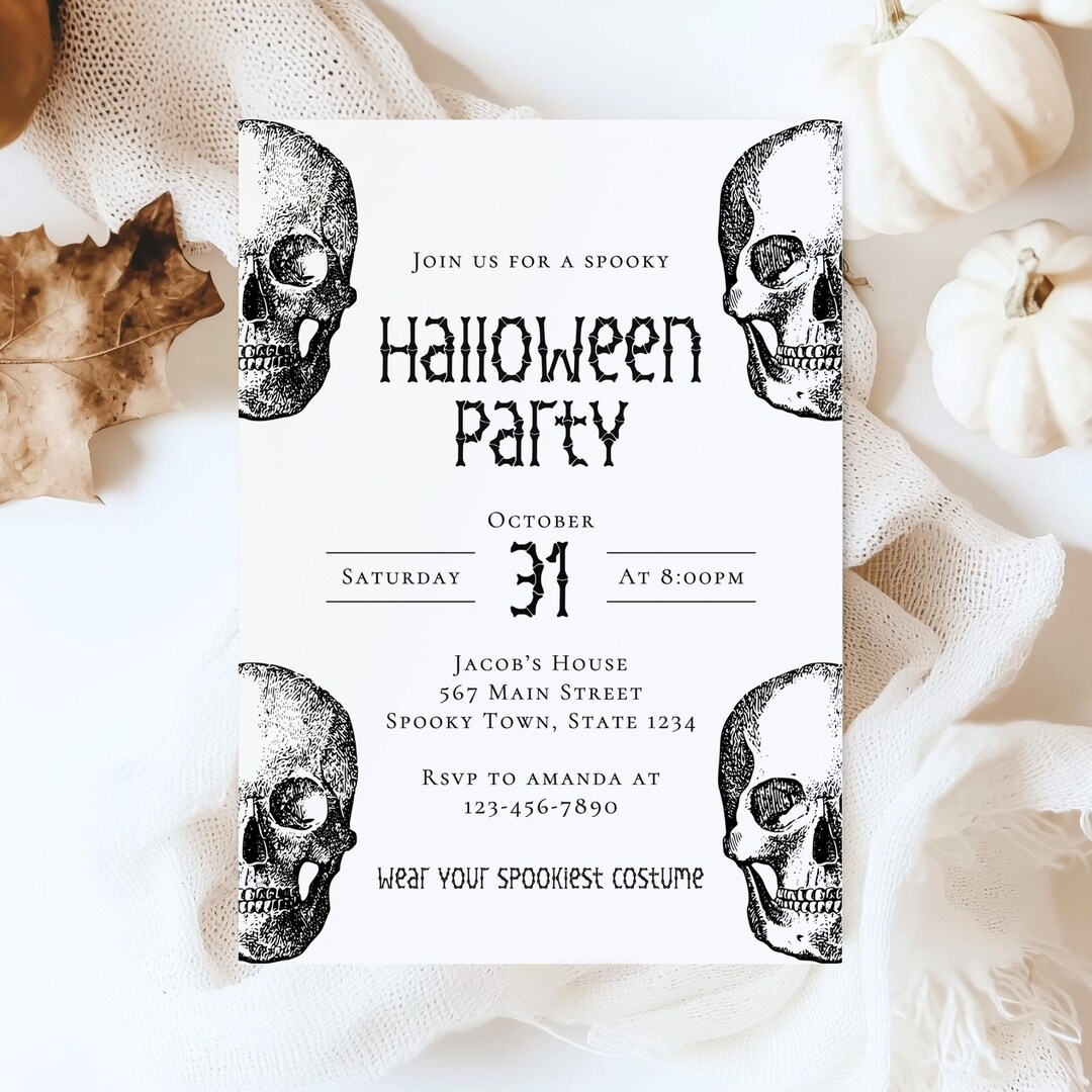 Adult Halloween Party Invitation Template, Minimal Skull Invite ...
