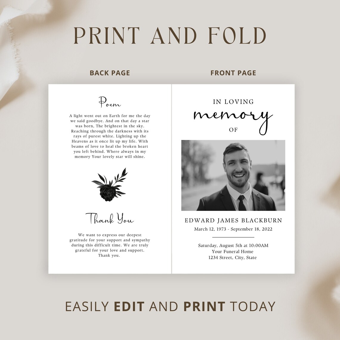 Minimalist Funeral Program Template, Memorial Booklet, Simple Obituary ...
