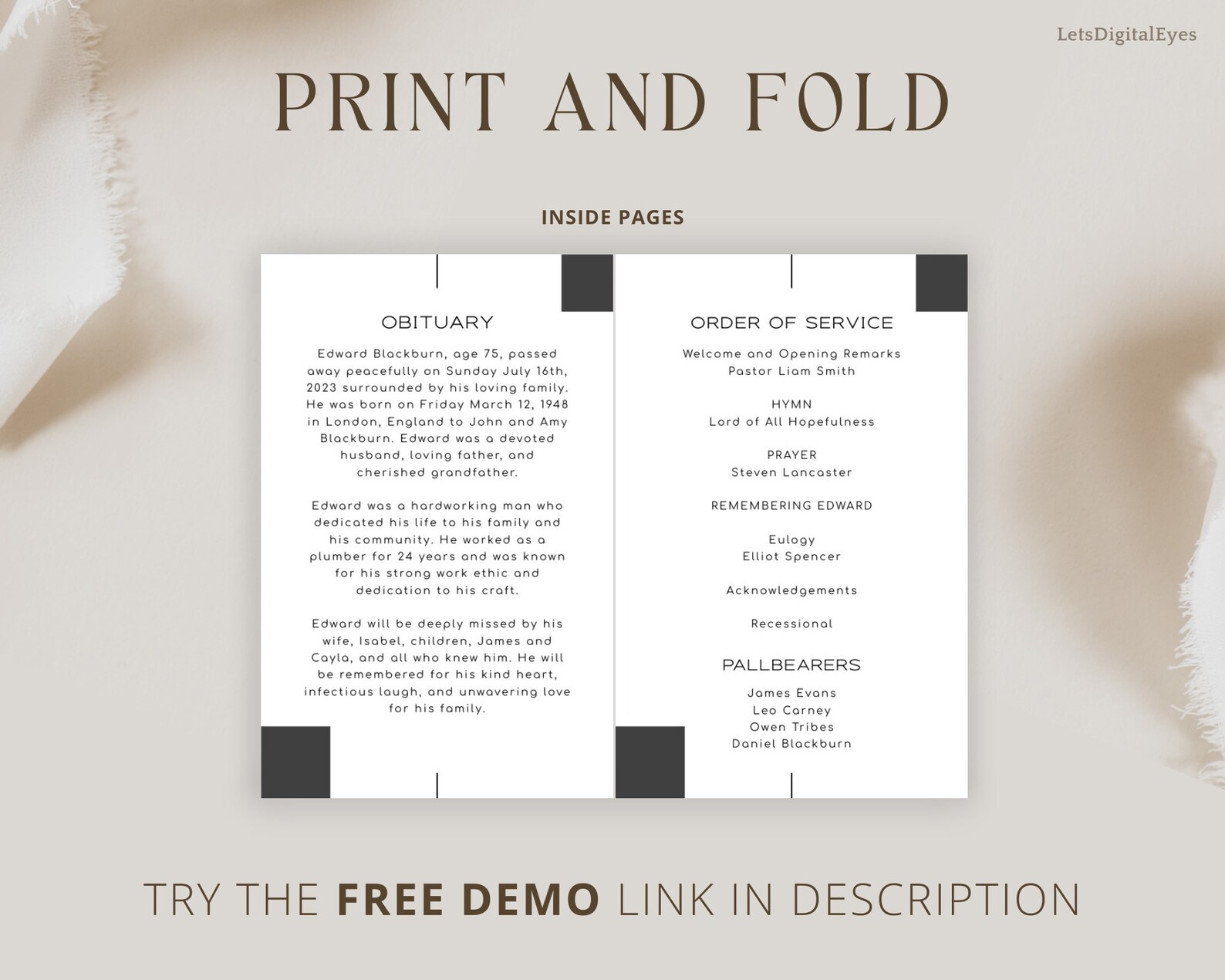 Funeral Program Template for Man With Photo Masculine Order - Etsy