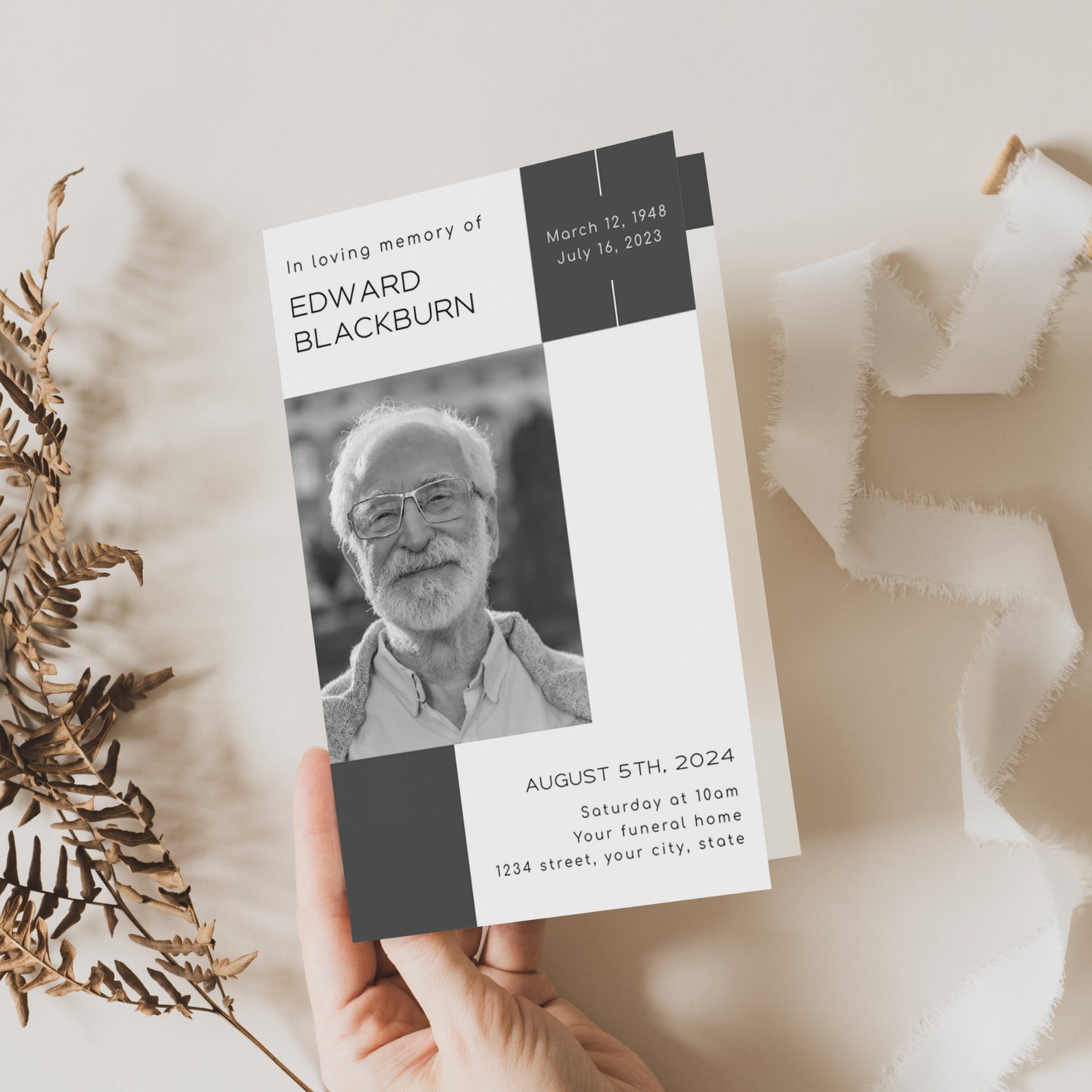 Funeral Program Template for Man With Photo, Masculine Order of Service ...