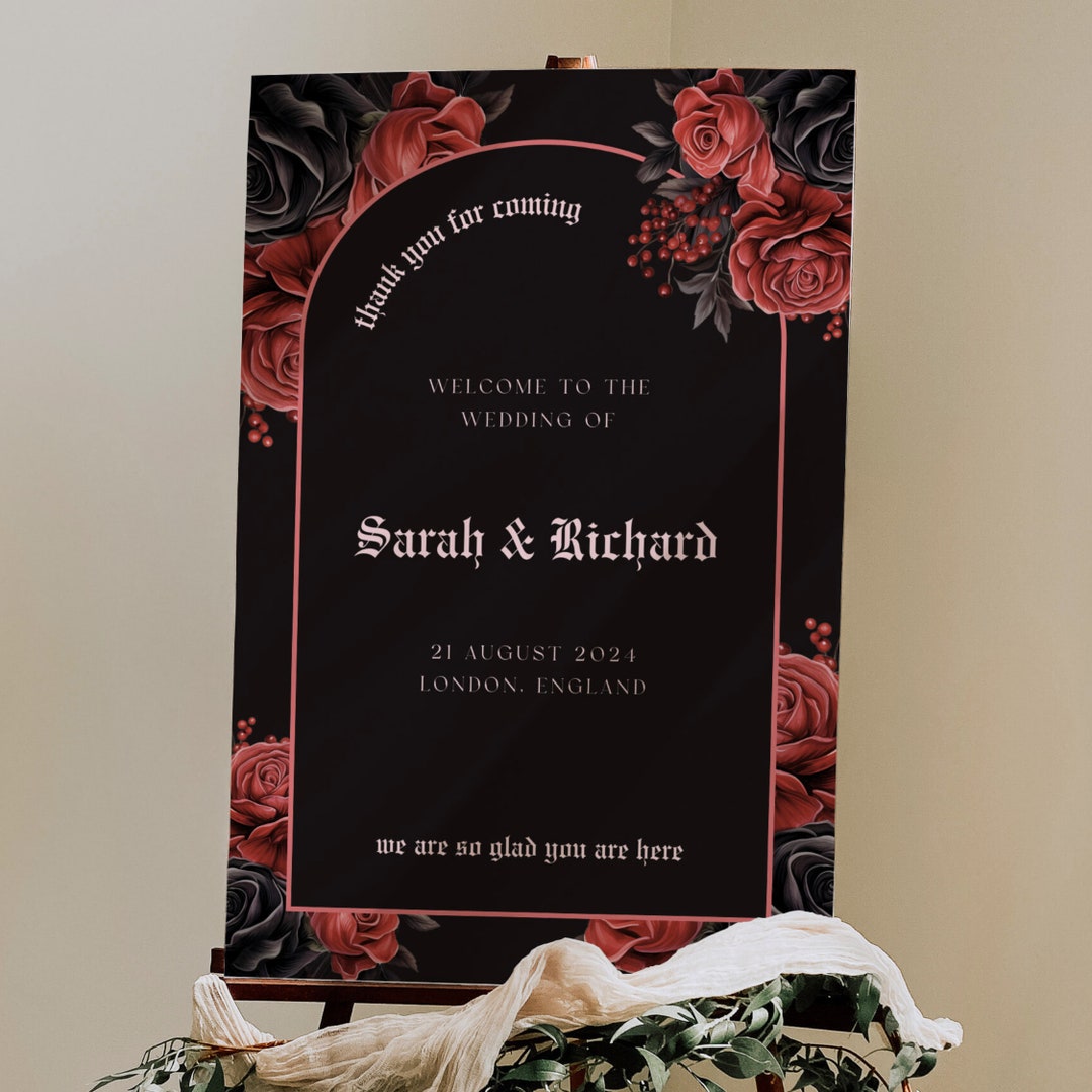 Gothic Wedding Welcome Sign, Halloween Reception Signage, Red Roses ...