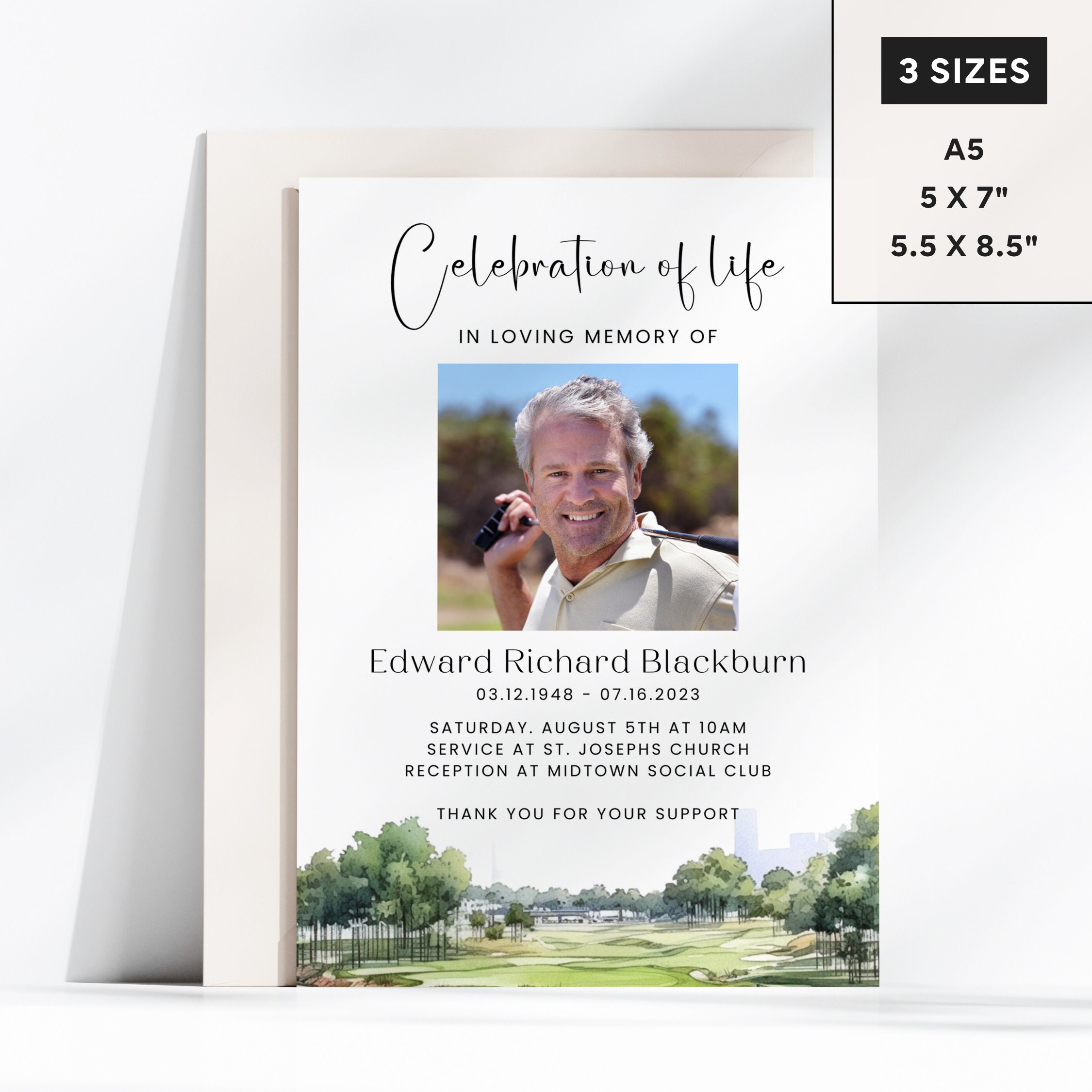 Golfing Funeral Announcement for Man, Outdoors Memorial Invitation ...