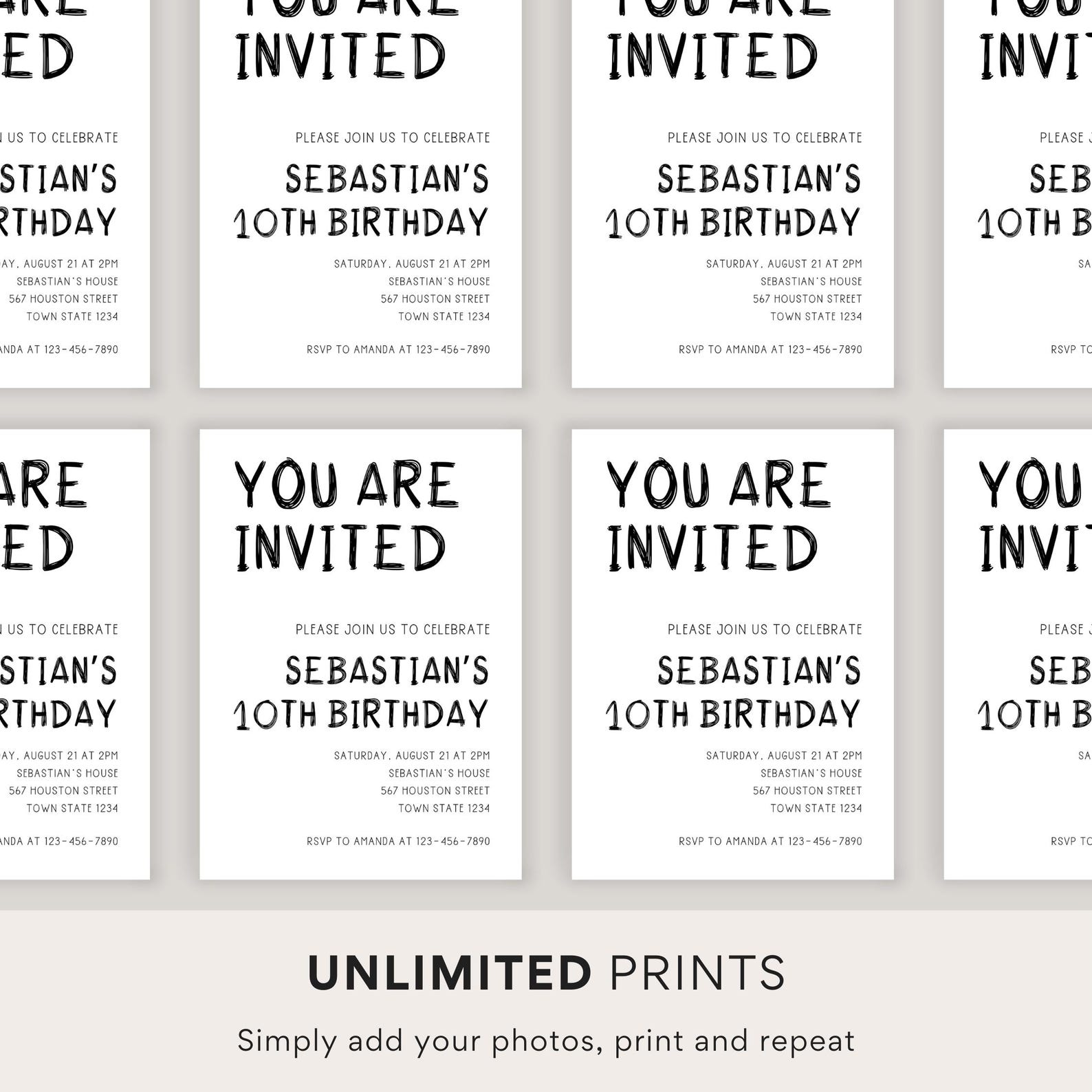Minimal Birthday Party Invitation Template, Black and White Invite ...