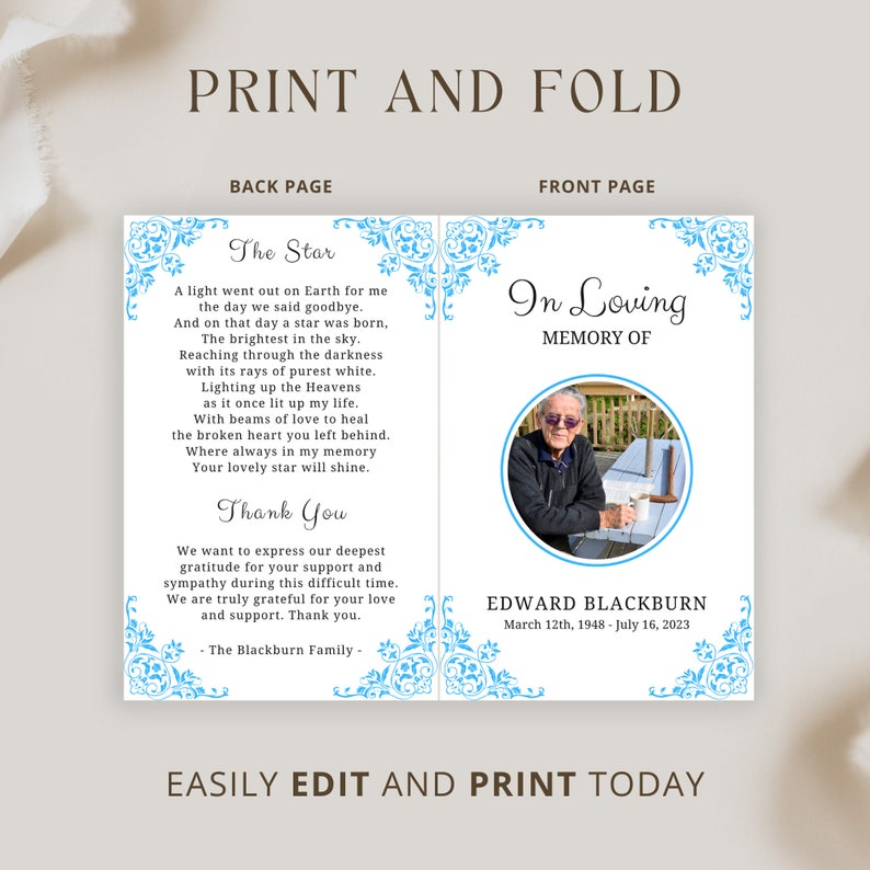 Sky Blue Funeral Program Template, Editable Obituary, Order of Service ...