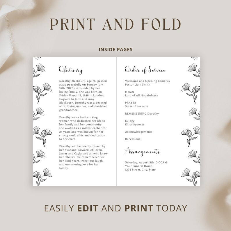 Minimal Funeral Program Template, Elegant Memorial Program, Modern ...
