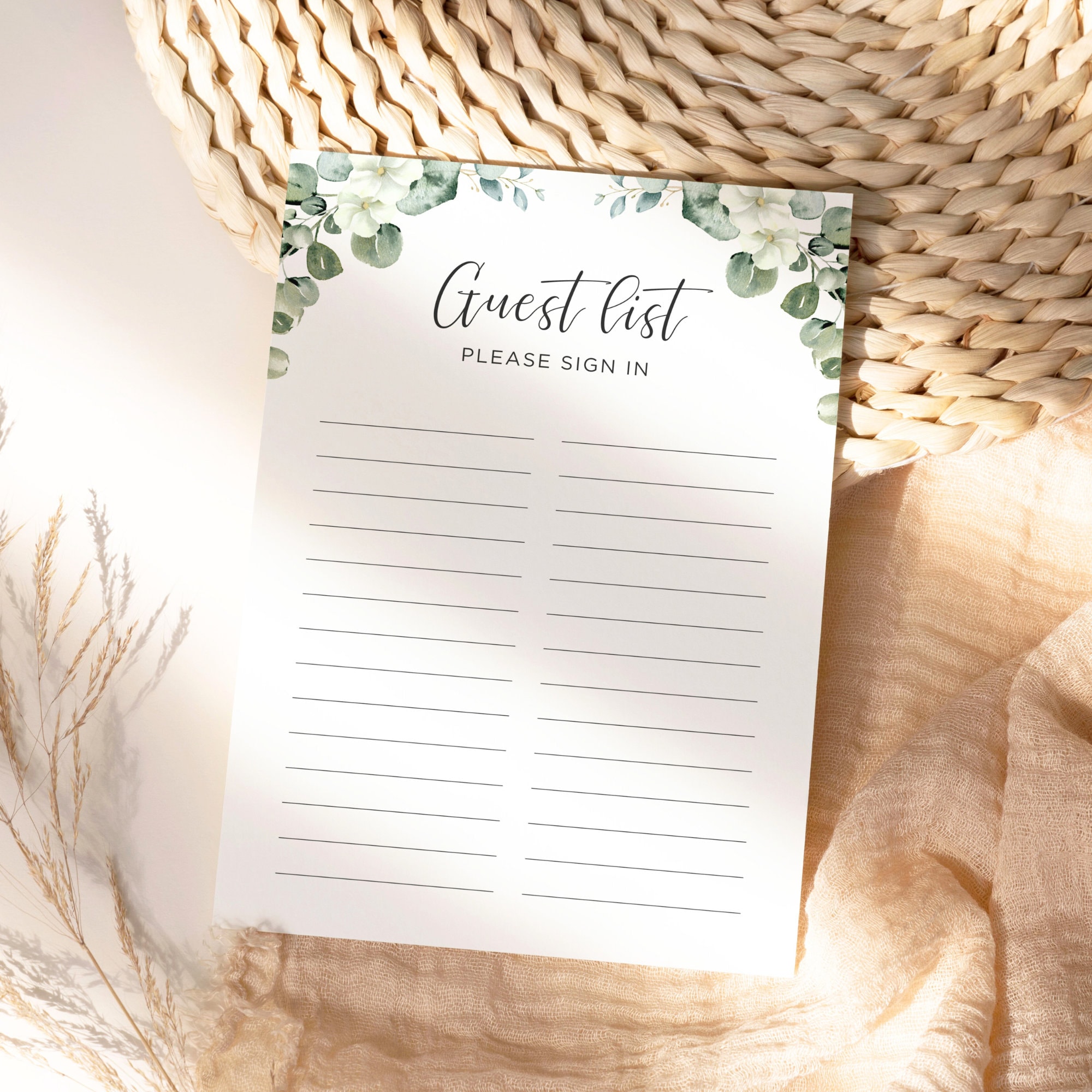 Wedding Guest List, Printable Sign in Sheet, Greenery Sign, Guest Book ...