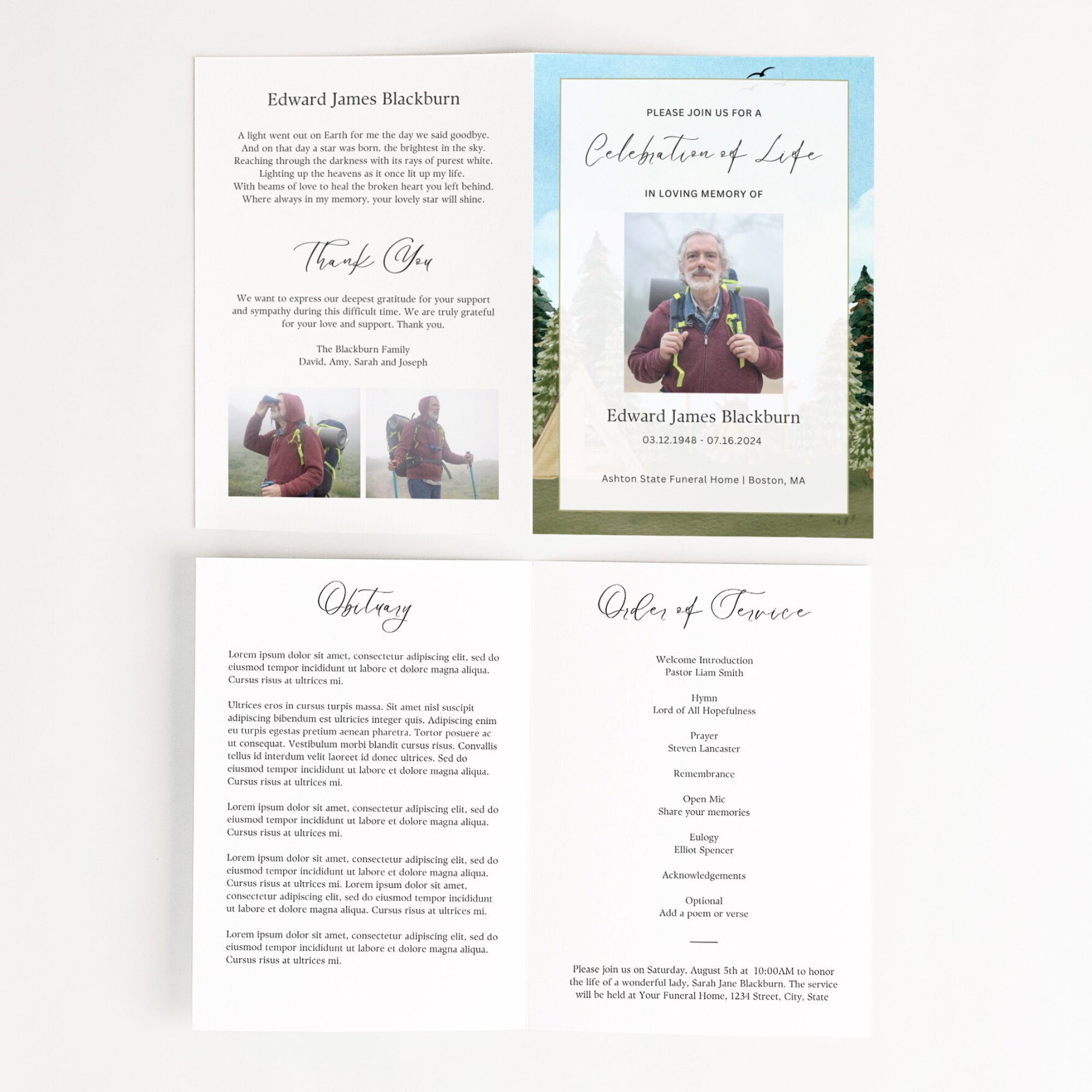 Hiking Funeral Program Template, Editable Celebration of Life, Order of ...