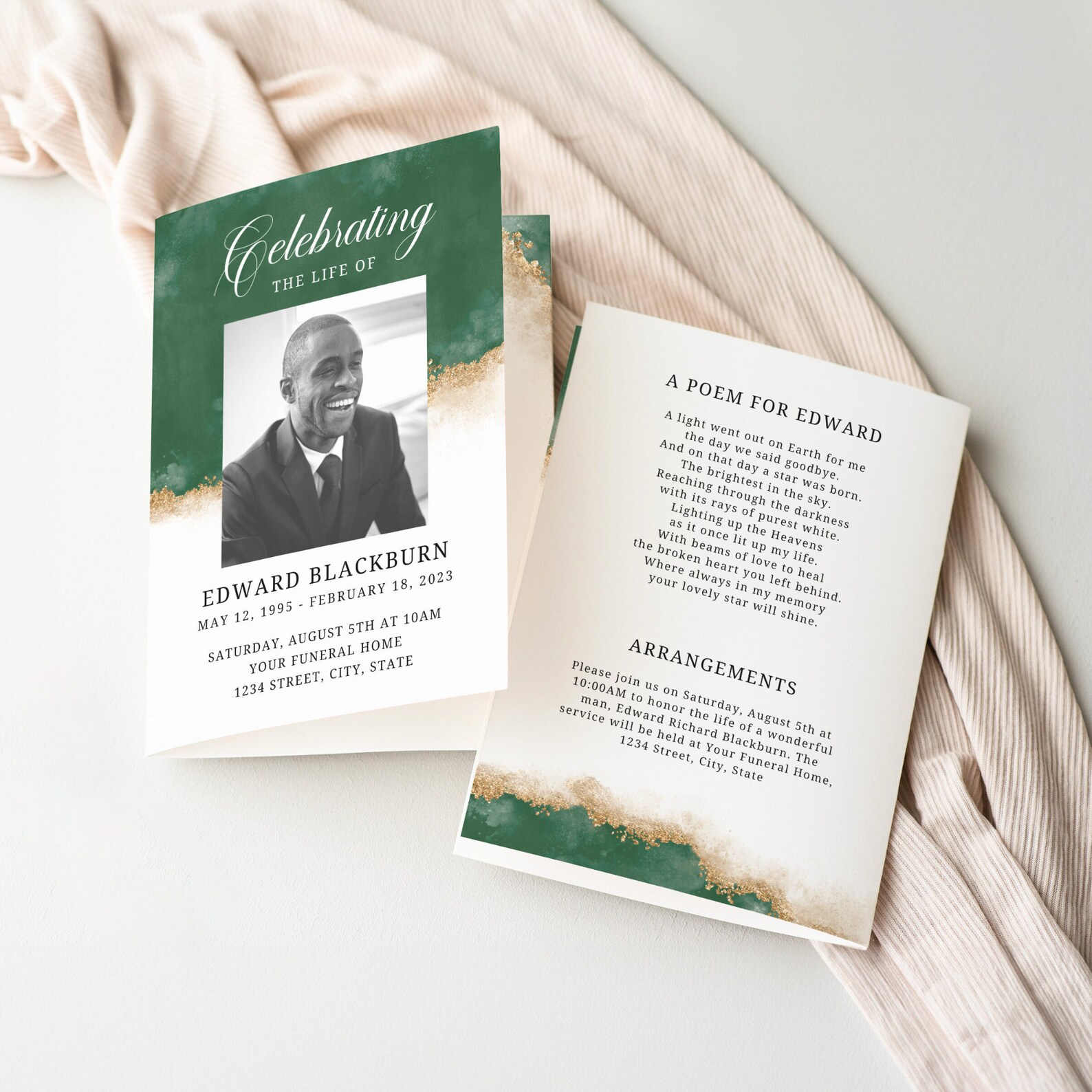 Emerald Funeral Program Template for Man, Green Order of Service ...