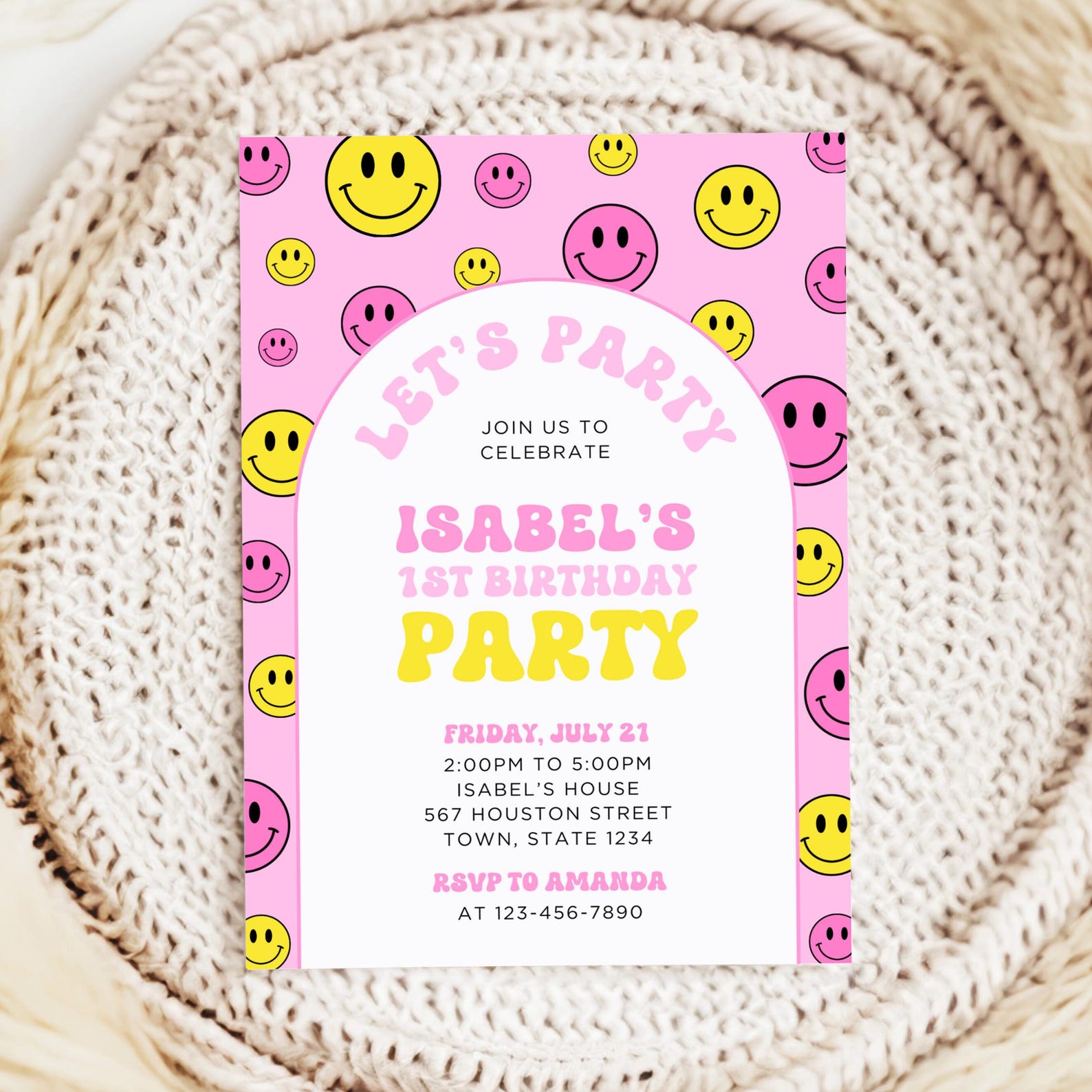 Smiley Face Birthday Party Invitation Template, Pastel Pink Invite ...
