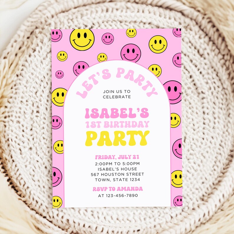 Smiley Face Birthday Party Invitation Template, Pastel Pink Invite ...