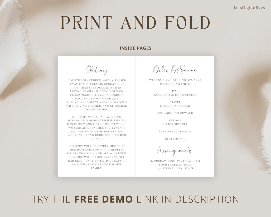 Minimal Funeral Program Template for Woman Modern Obituary - Etsy UK